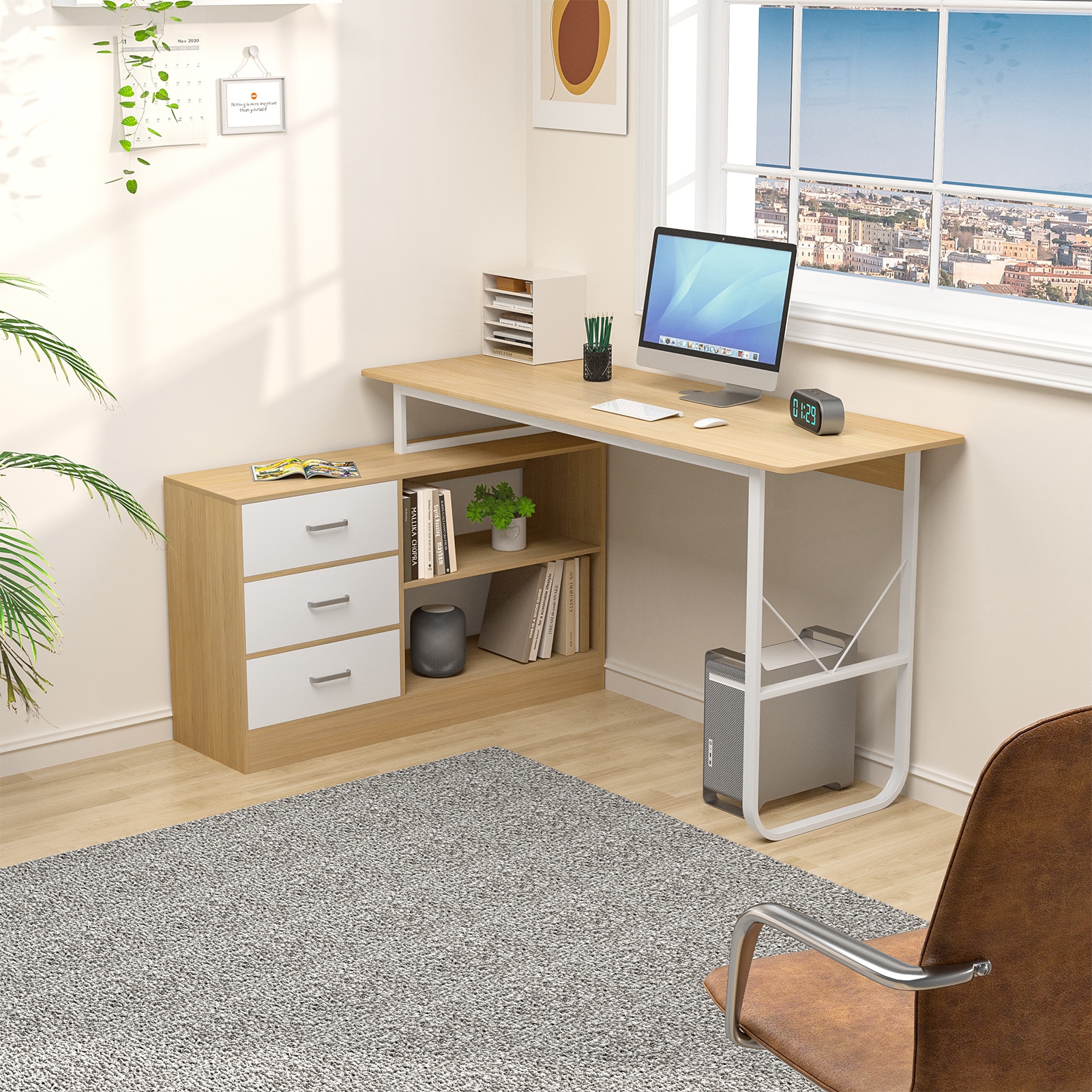 Writing Desk, Large L-Shaped Office Desk, Corner Computer Desk with 3 ...