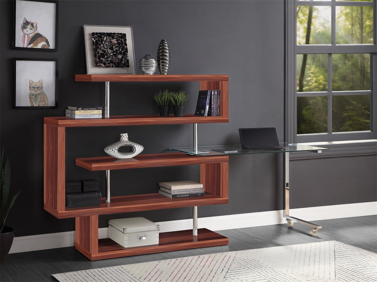 Writing Desk with Shelf,Winding S-shaped Shelf Bookcase and Roll-out ...