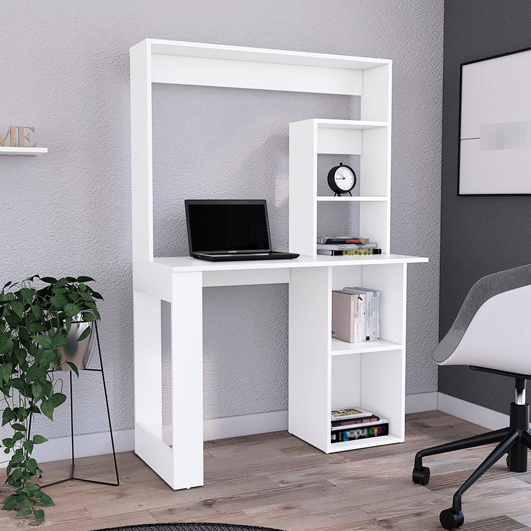 Writing Desk In White With Storage Shelves And , 17.7"d X 38.8"w ...