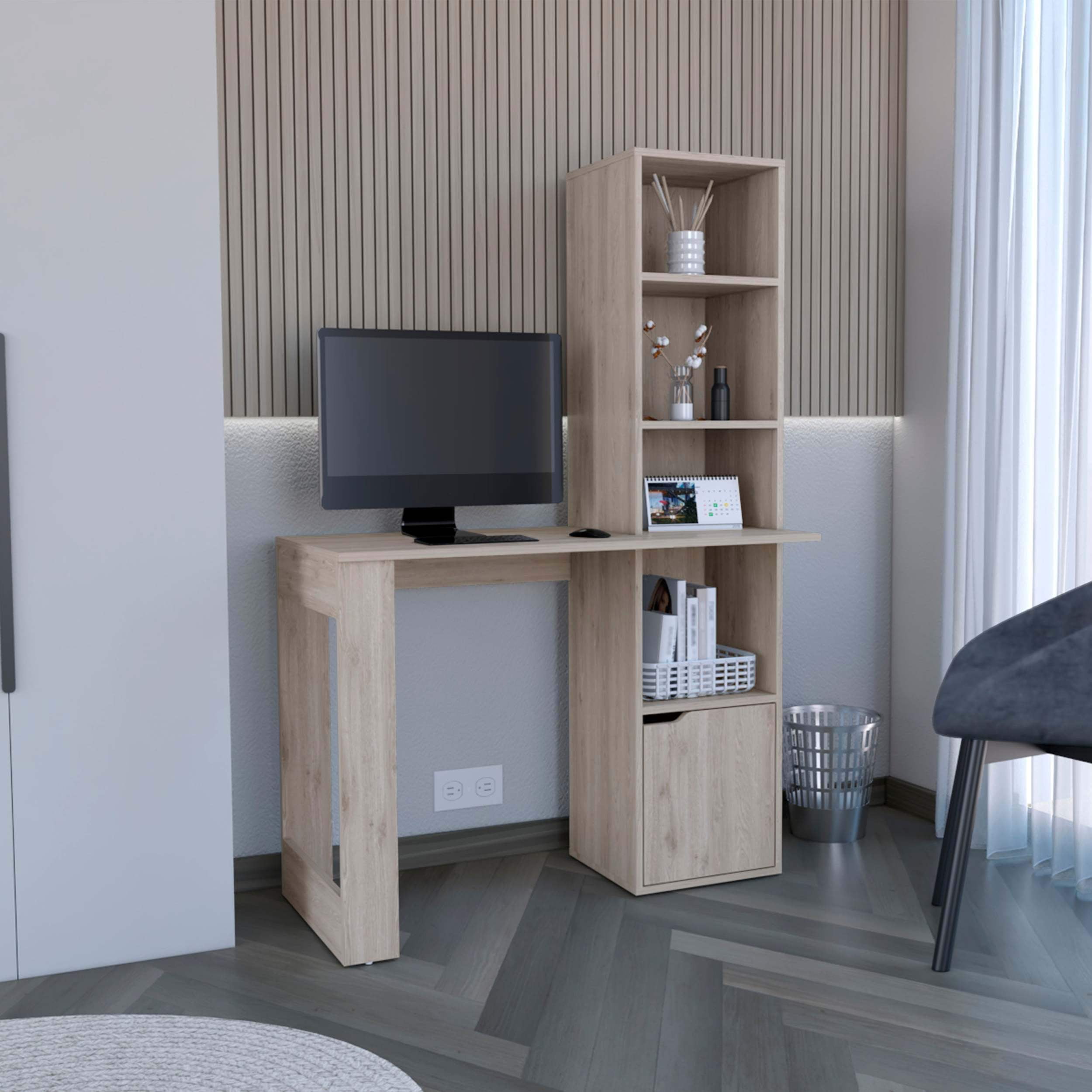 Writing Desk With Bookcase And Cabinet, Light Gray Gray Particle Board ...
