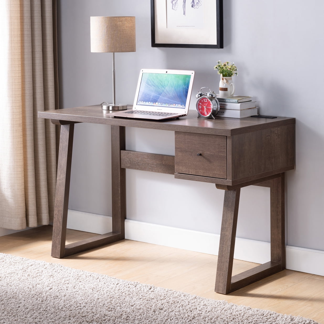 Writing Desk with Drawer and USB Port - Dark Brown - Space Saving Desk ...