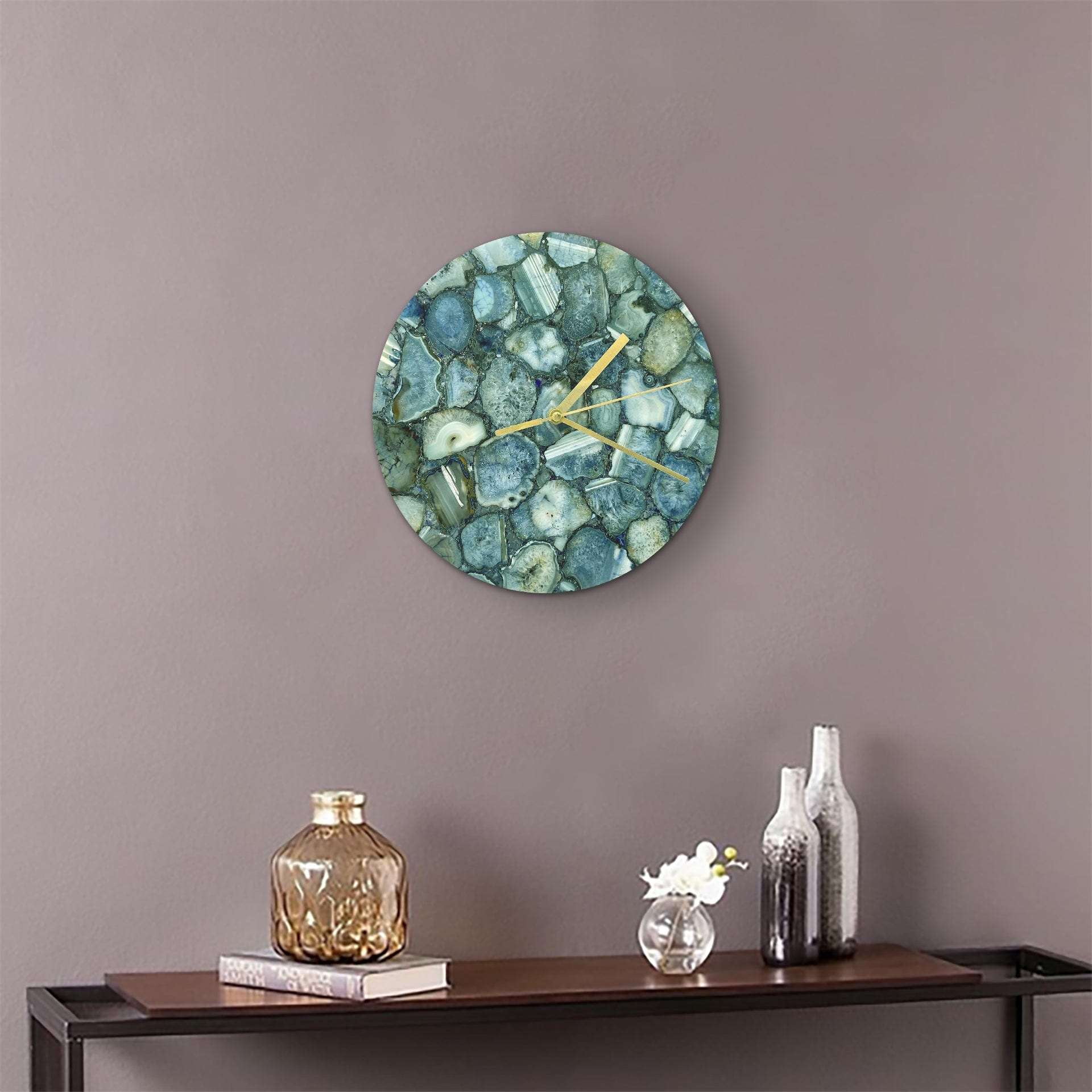 Writings on the Wall Green Agate Gemstone Round Clock with Leafing ...