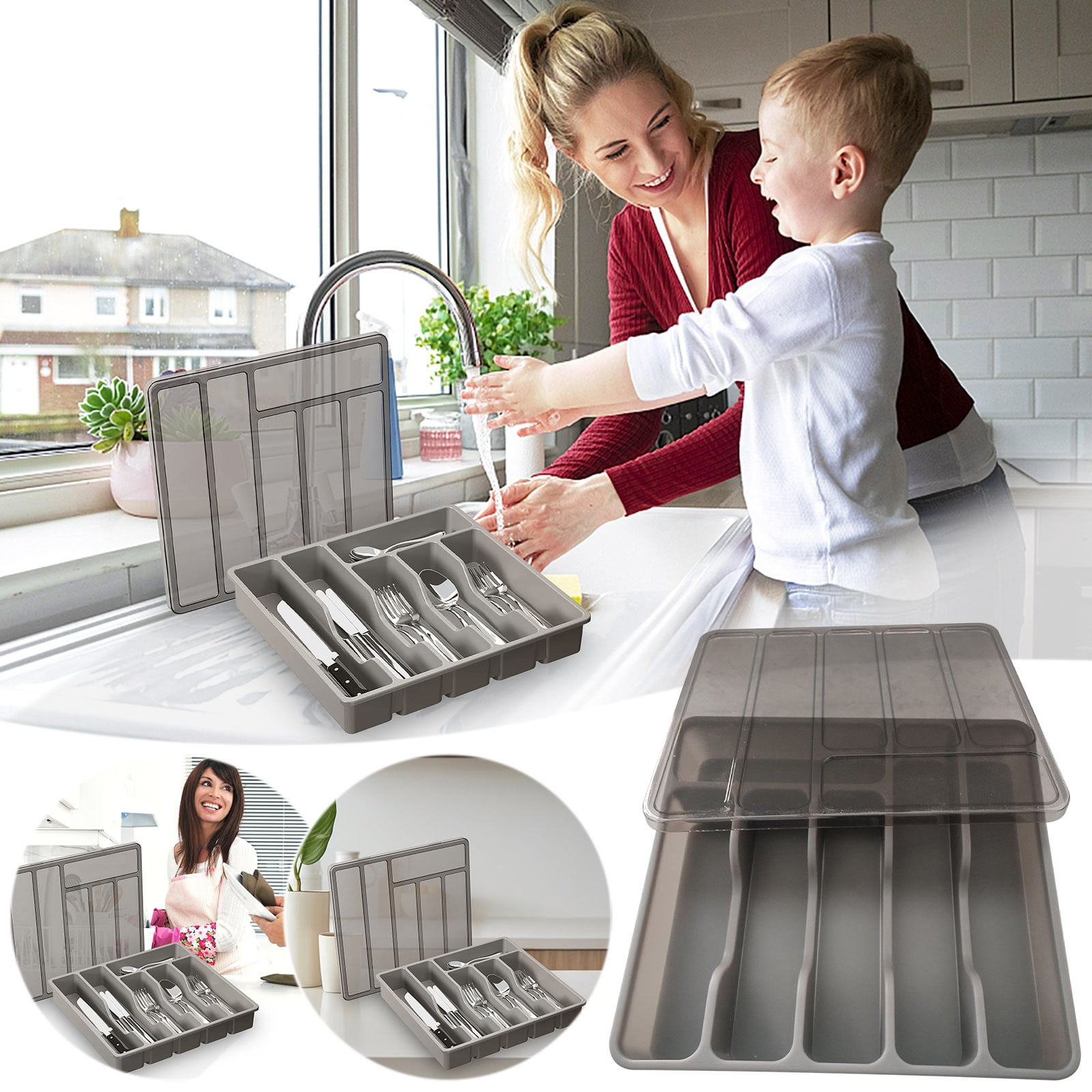 Wrjufa Silverware Organizer With Lid Covered Utensil Tray For Kitchen ...