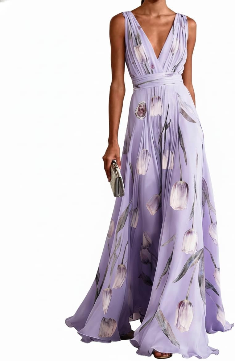 WrongDuck Women's Sleeveless V-Neck Tulip Floral Print Maxi Evening ...