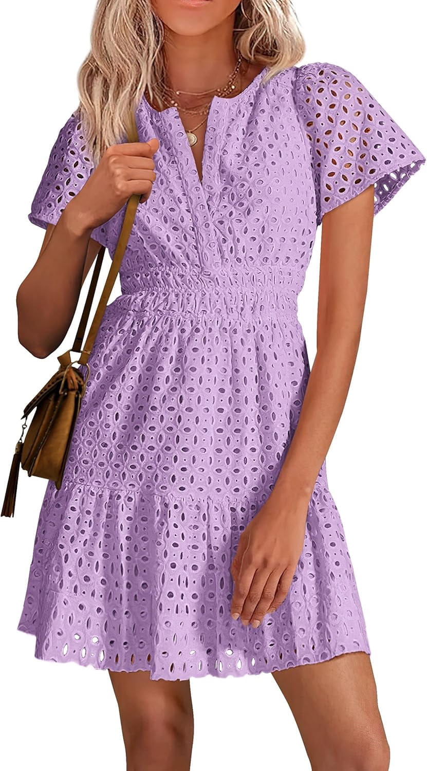 Wrongduck 2026 Women's V Neck Eyelet Lace Dress Short Sleeve A Line ...