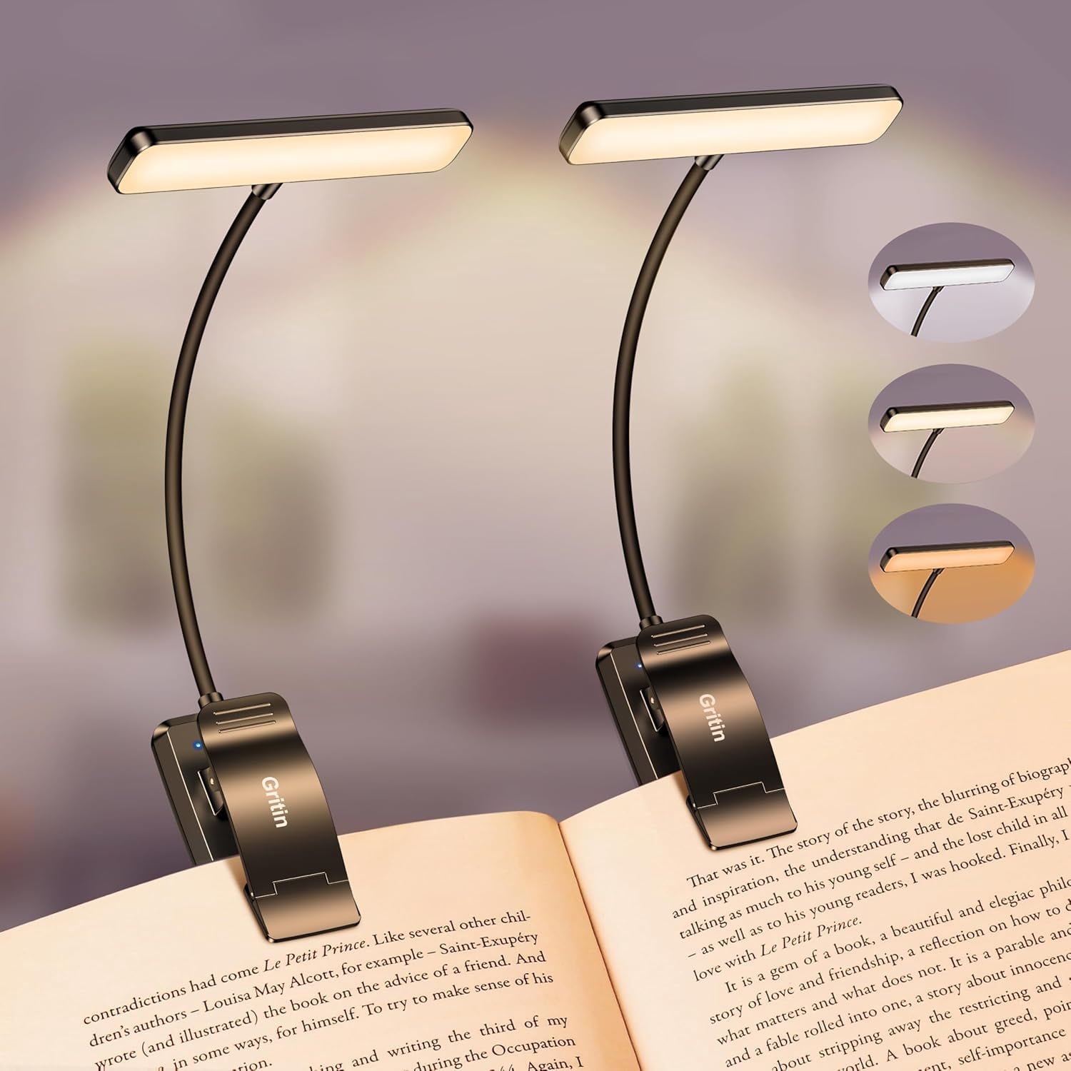 Wrongduck Rechargeable Book Light 2 Pack Clip On LED Reading Lamp 3 ...