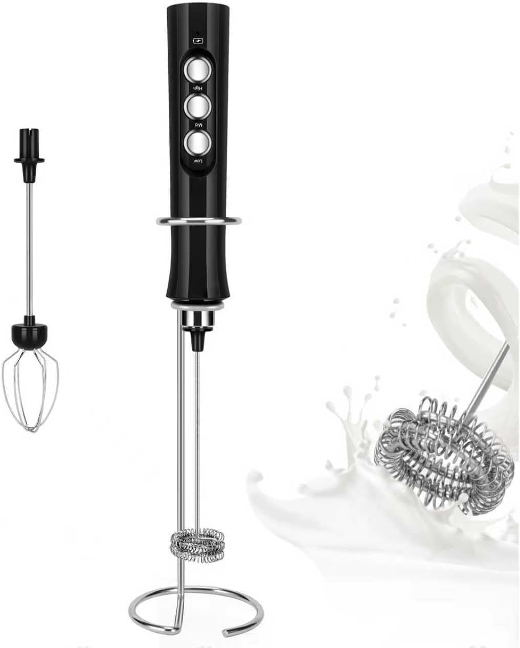 Wrongduck Rechargeable Milk Frother 3 Speed Handheld Drink Mixer with 2 ...