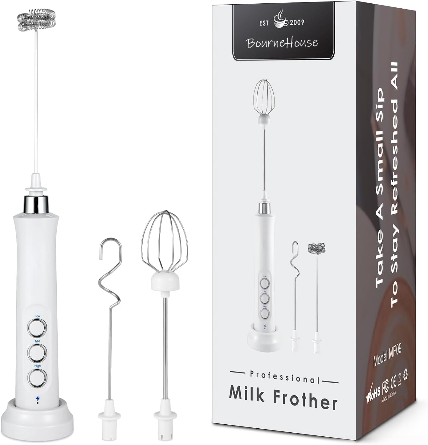 Wrongduck Rechargeable Milk Frother 3 Speed Handheld Drink Mixer with 2 ...