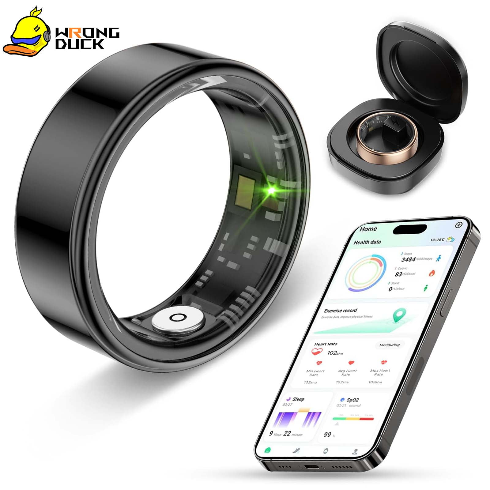 Wrongduck Smart Ring for Men Women with Charging case - IP68 Waterproof Fitness Ring ,Air ...