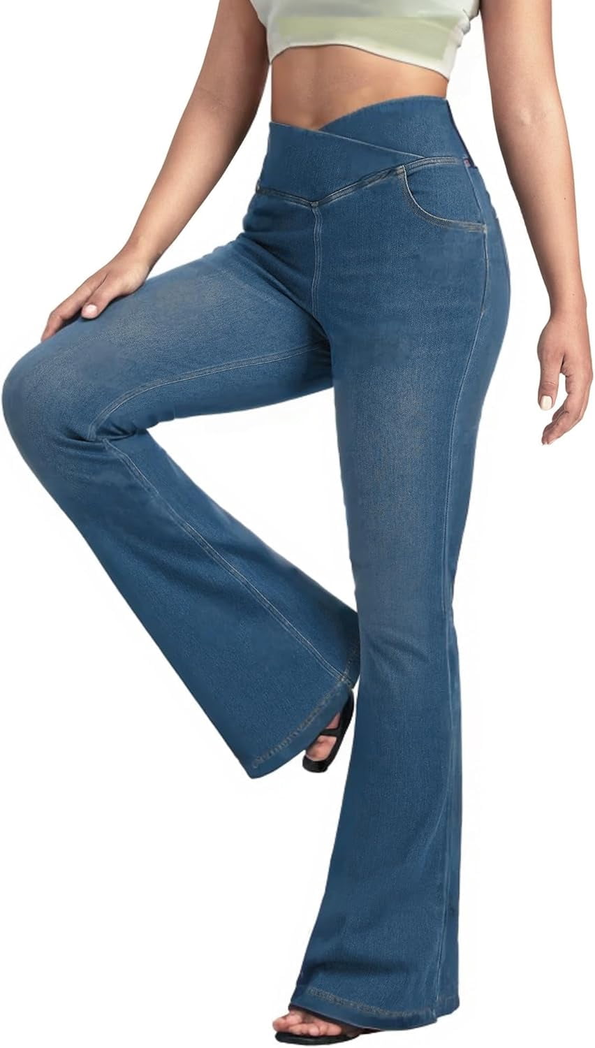 Wrongduck Women’s Flare Jeans, High Waisted Crossover Bell Bottom Knit ...