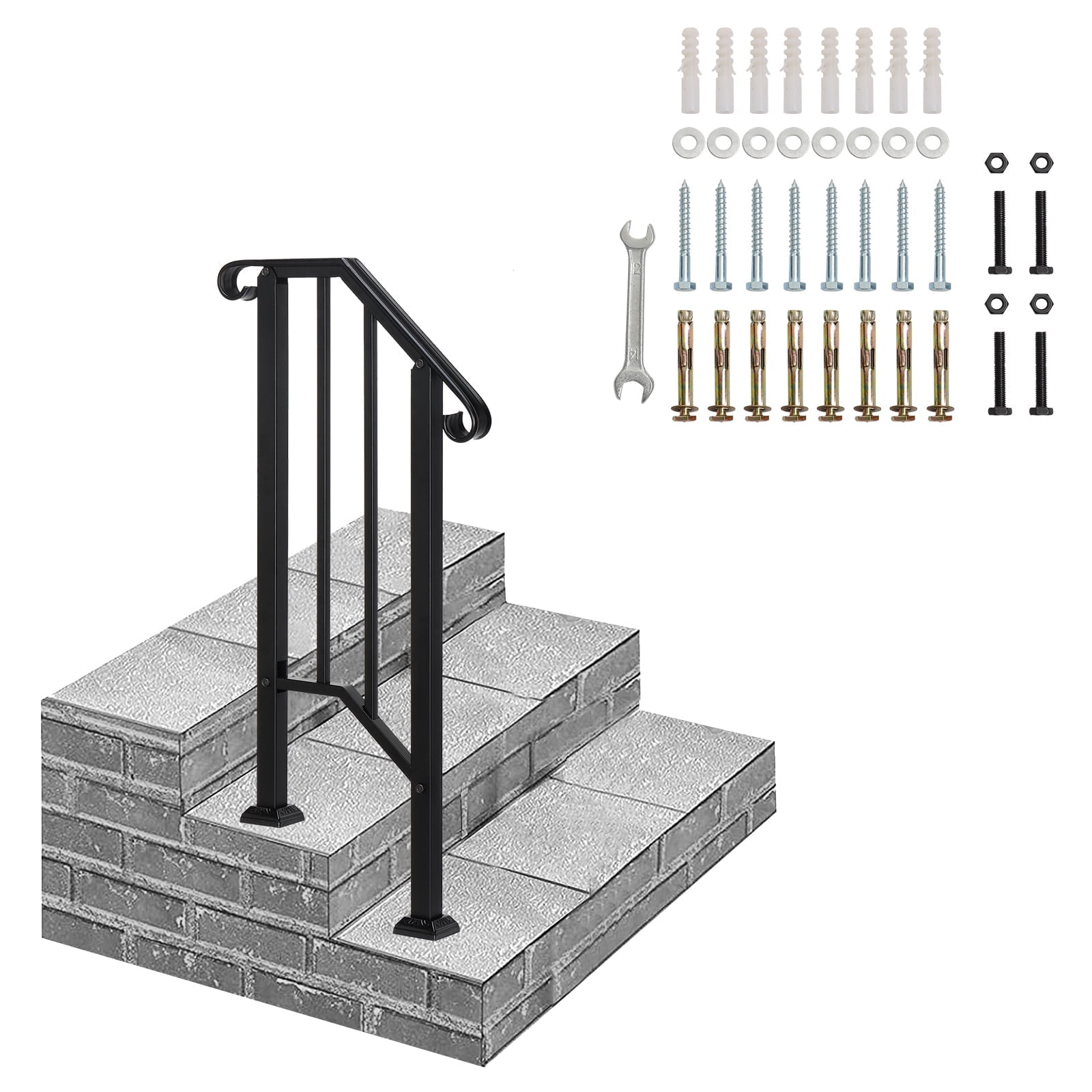 Wrought Iron 2-Step Handrail Matte Black Outdoor Handrail - Walmart.com