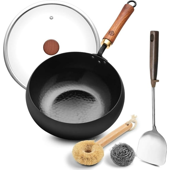 Wrought Iron Flat Bottom Wok with Glass Lid – Detachable Wooden Handle ...