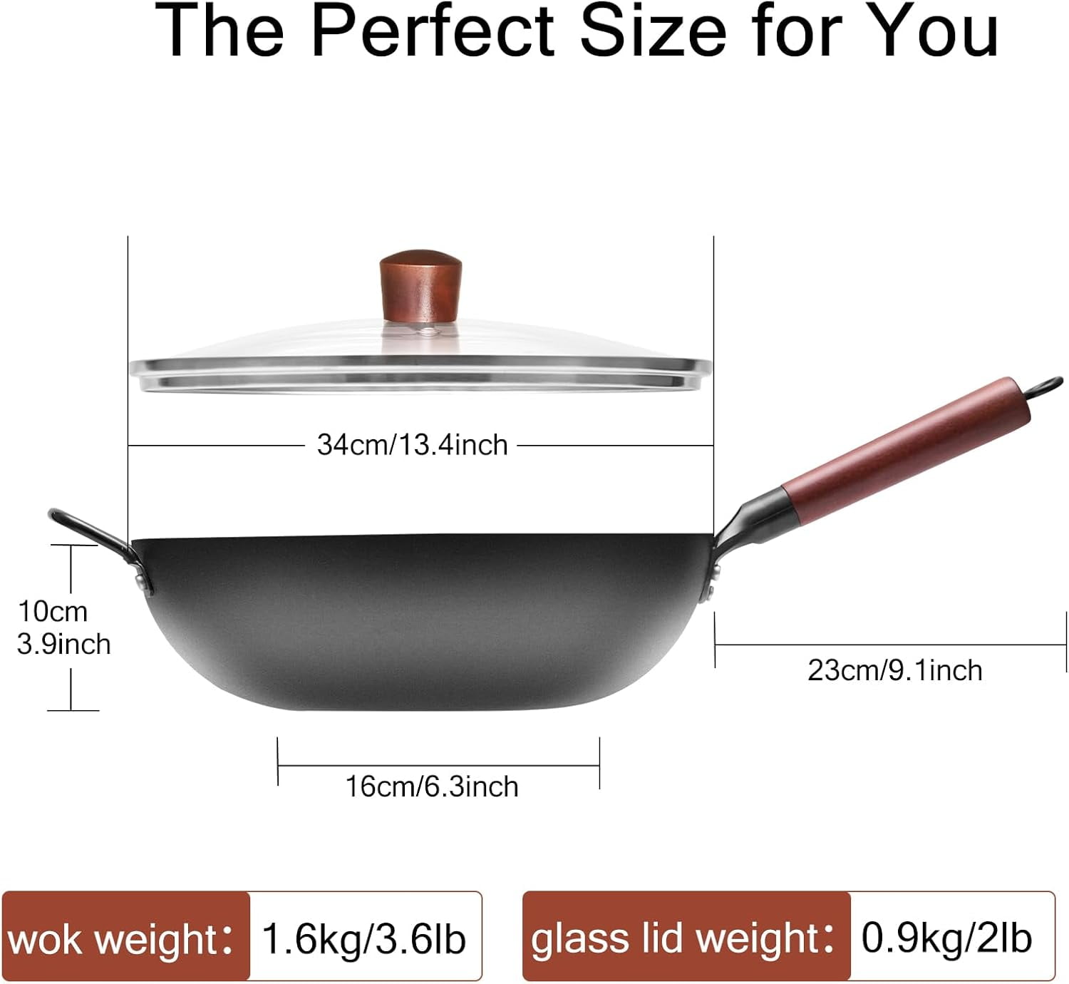 Wrought Iron Flat Bottom Wok with Glass Lid – Detachable Wooden Handle ...