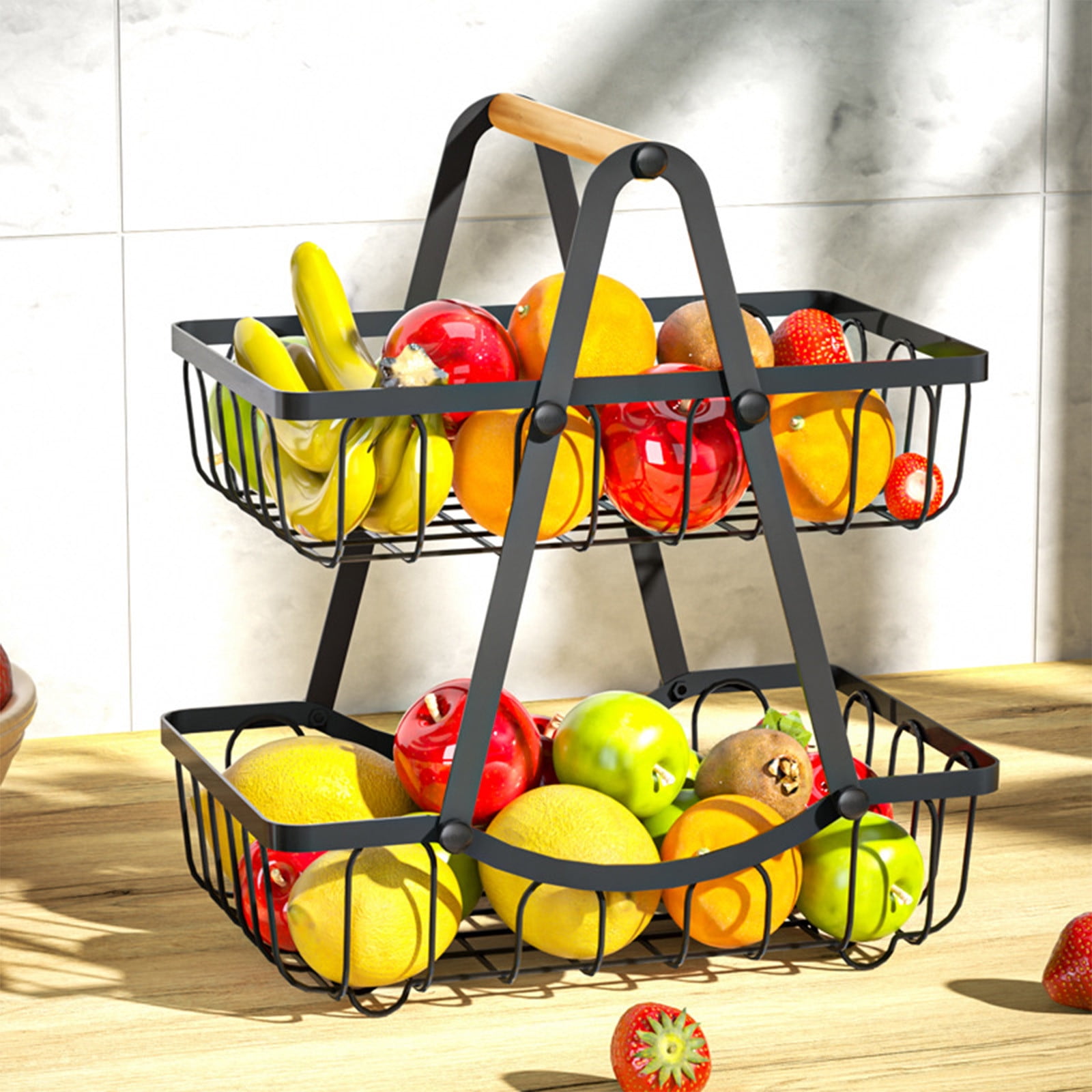 Wrought Iron Fruit Basket Double Layer | Removable Two-Tier Storage Bin ...