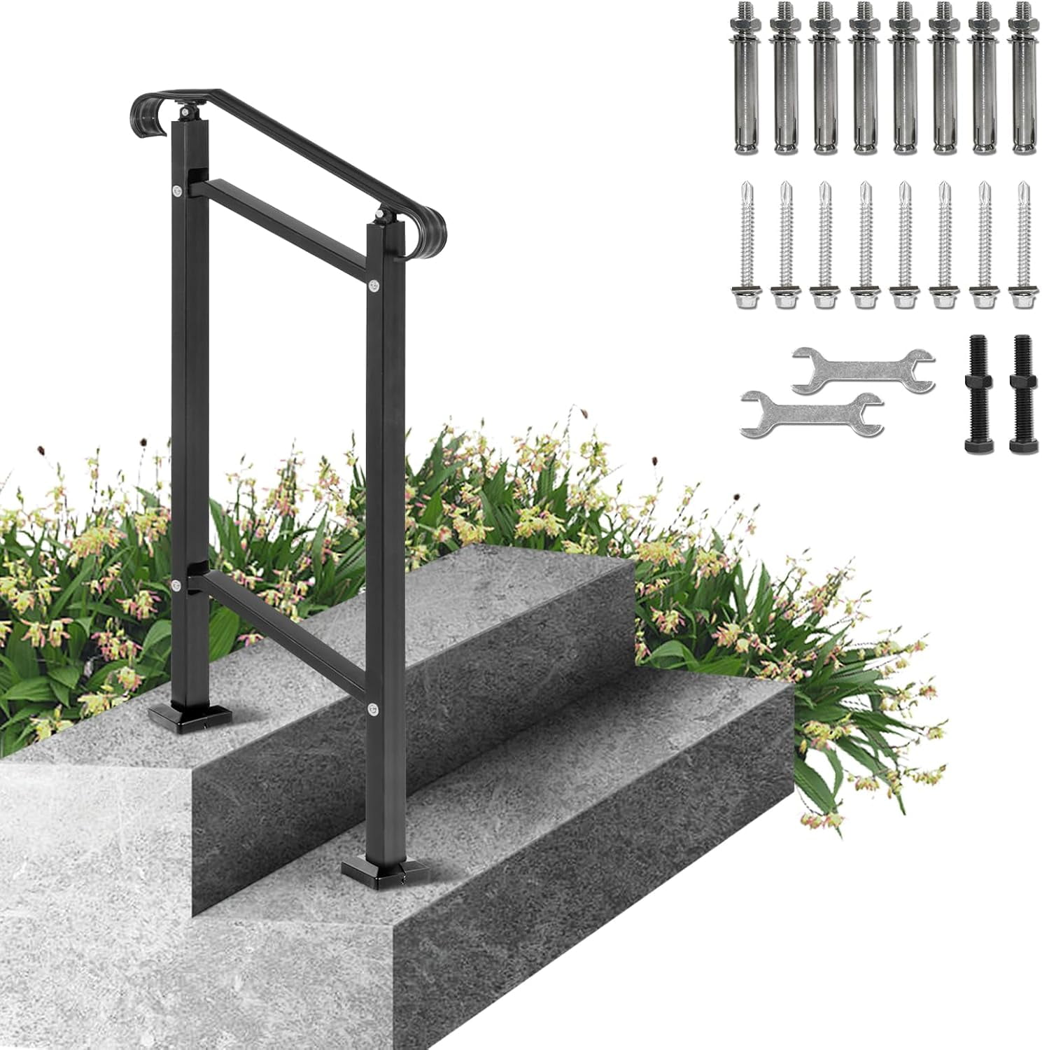 Wrought Iron Handrail, Fit 1 or 2 Steps Outdoor Stair Railing ...