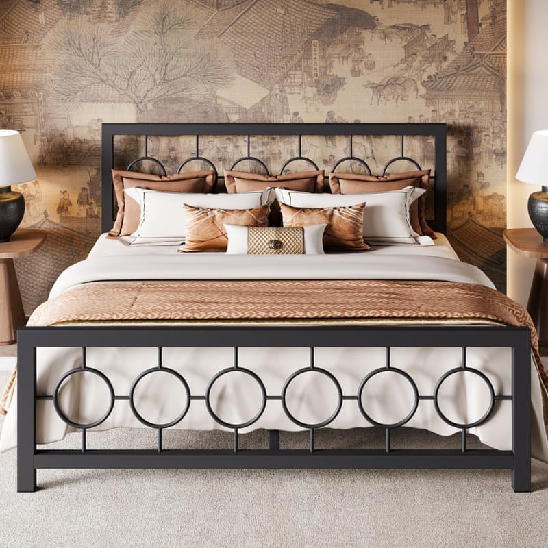 Wrought iron platform bed frame with vintage hoop headboard and ...