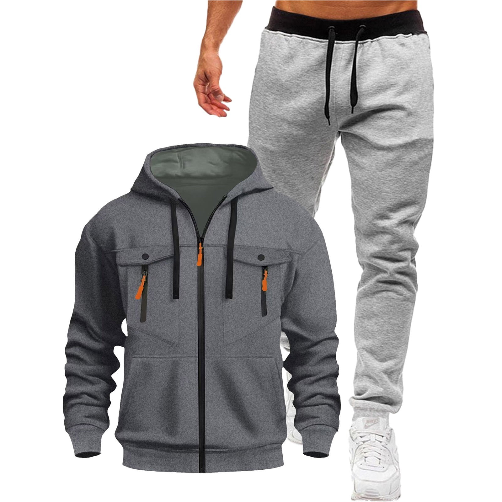 Wrtxtat Hooded Athletic Sweatsuit for Men Flap Pockets Cardigan Full ...