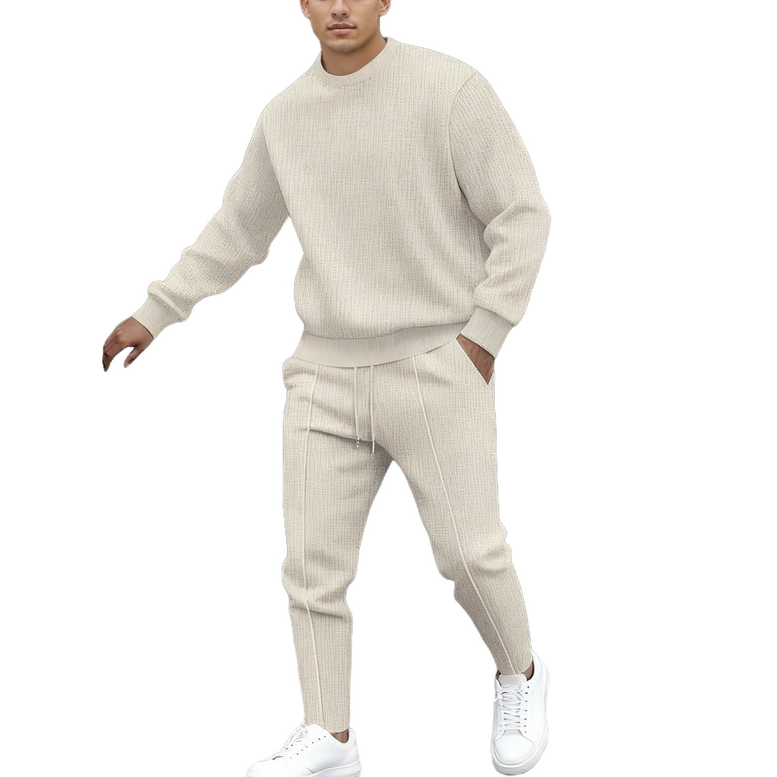 Wrtxtat Men's 2 Piece Set Solid Color Long Sleeve Crewneck Relaxed Fit ...