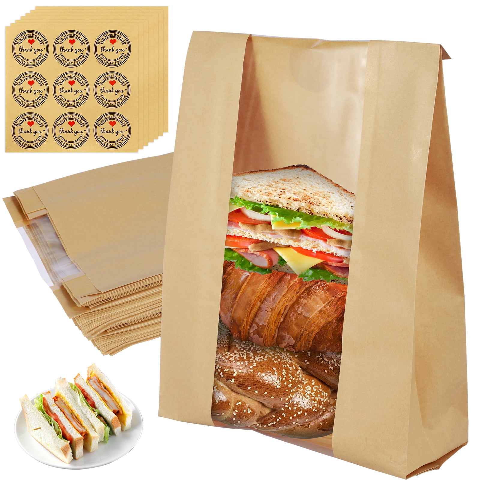 Wrvxzio 50 Pack Kraft Sourdough Bread Bags, Thank You Stickers, Clear ...