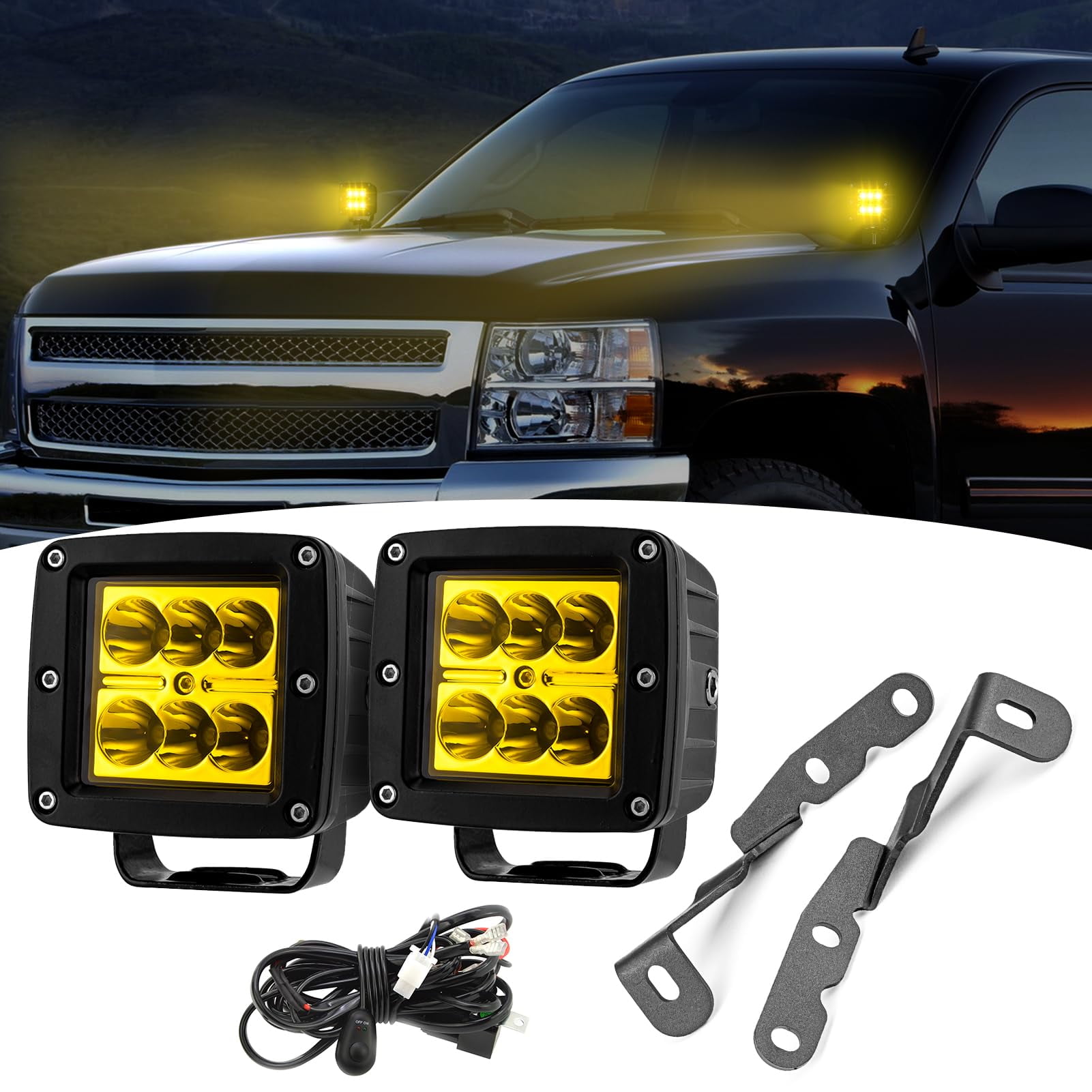 Wsays 2PCS LED Amber Light Pods & Ditch Hood Hinge LED Pod Mount ...