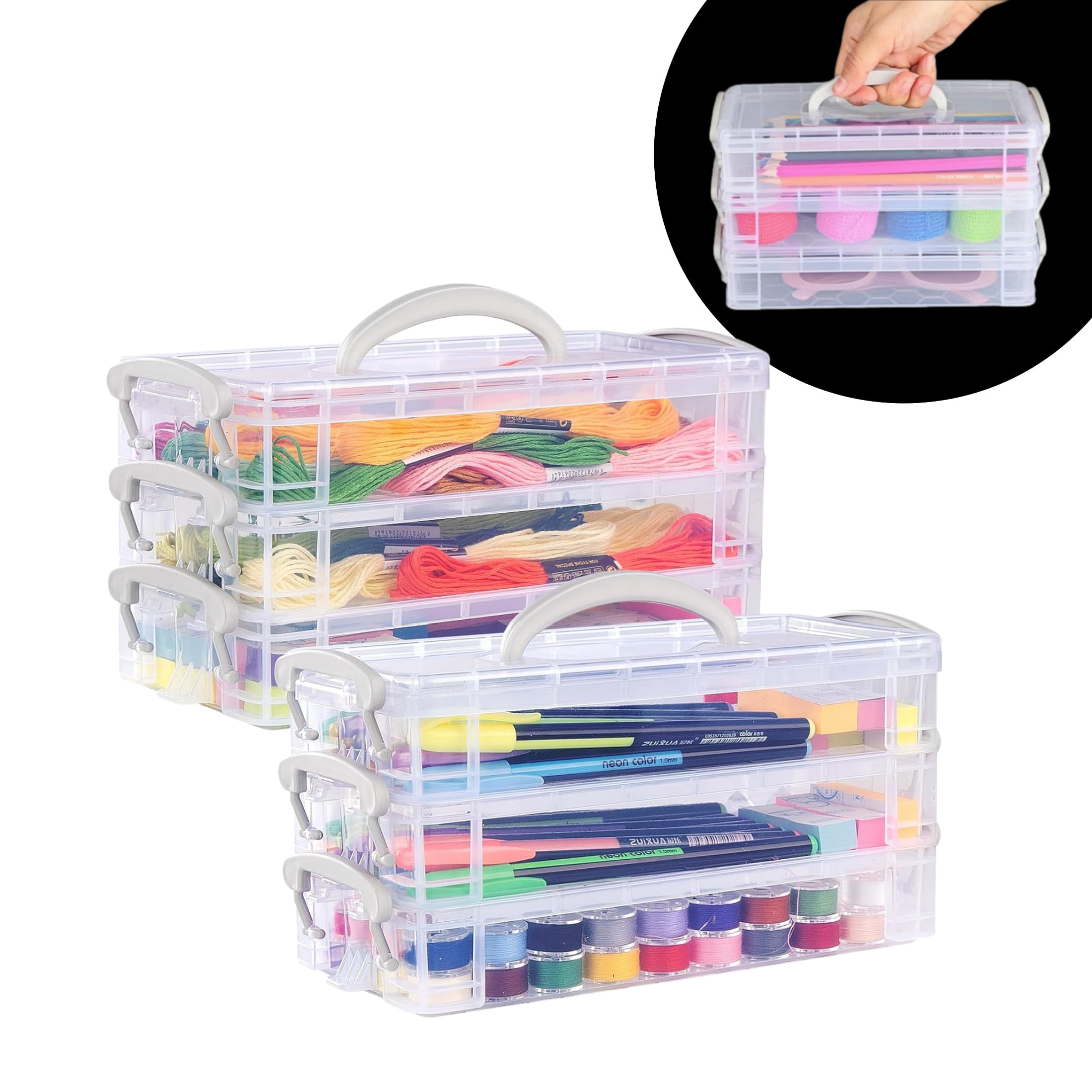 WuPing 6 Pcs Pencil Boxes, Stackable Clear Pens Storage with Snap Lock ...