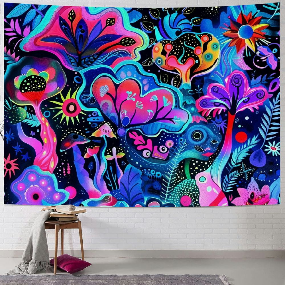 Wuche Blacklight Mushroom Tapestry UV Reactive Eyes Tapestries Colorful ...