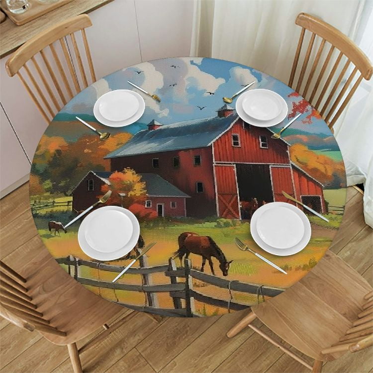 Wuche Horses Barn Farm Round Table Cloth 100% Polyester Fiber - Table ...