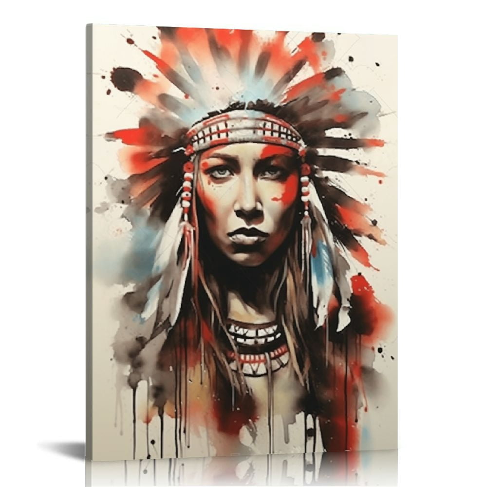 Wuche Native American Canvas Wall Art Indian Girl Feathered Headdress ...