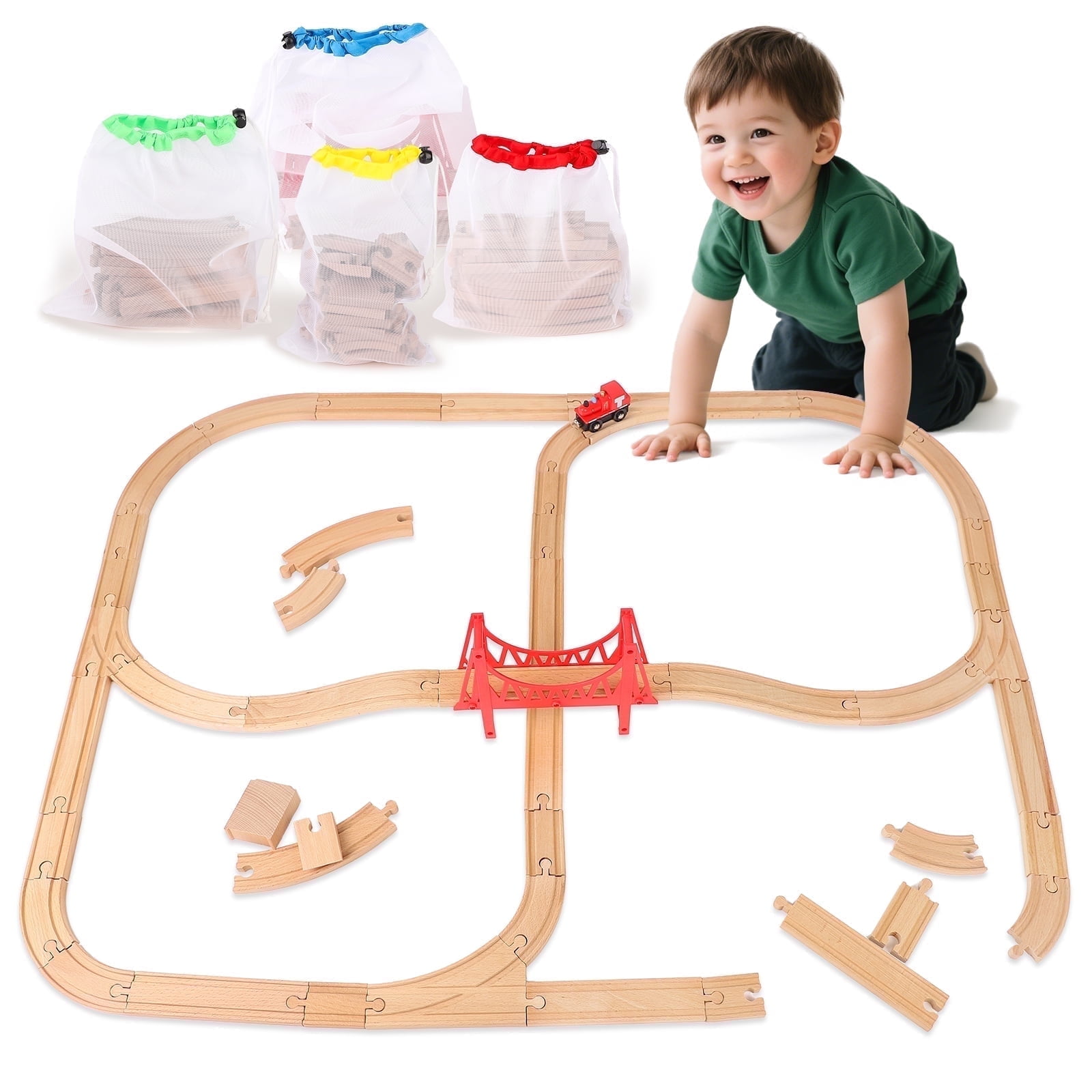 WudBudz Wooden Train Tracks Set 60 Pcs, Wood Train Track Expansion ...
