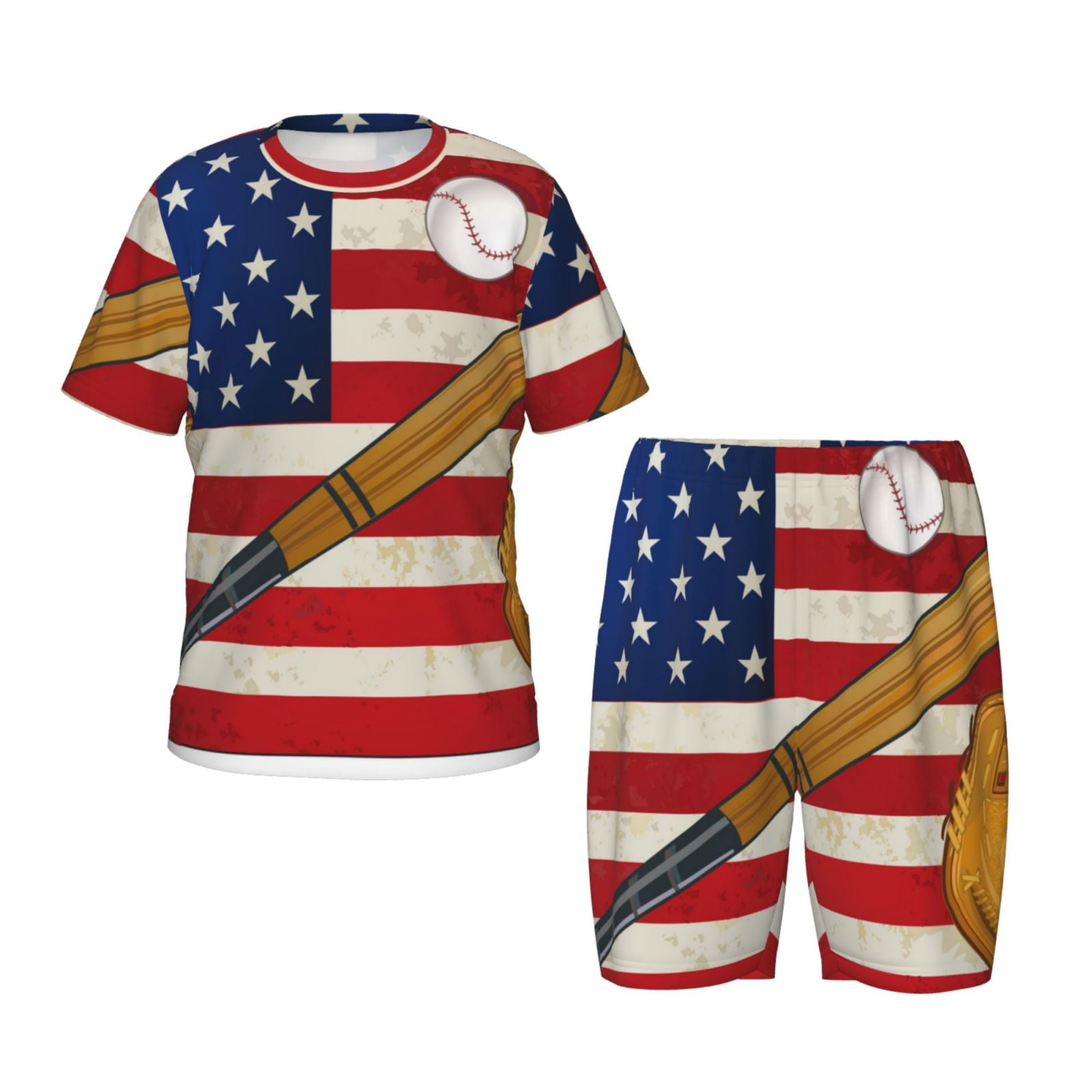 Wukai American Flag And Baseball Print Boys And Girls Pajamas Set,Short ...
