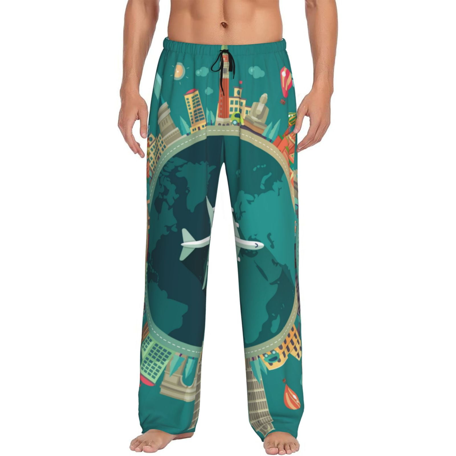 Wukai Around The Planet Mens PJ Pajama Pants|Sleepwear Plaid PJs with Pockets|Men's Lightweight ...