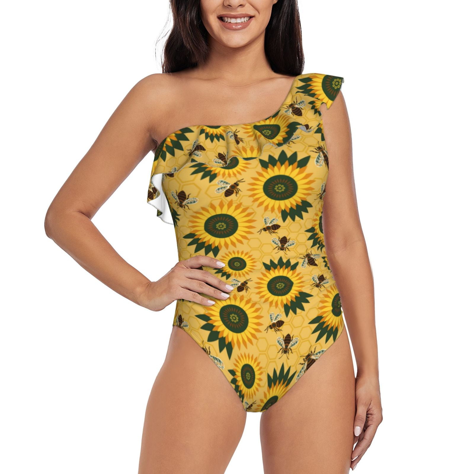 Wukai Bees and Sunflowers Chic One Shoulder Swimwear with Ruffle Design and Tummy Control Skirt ...