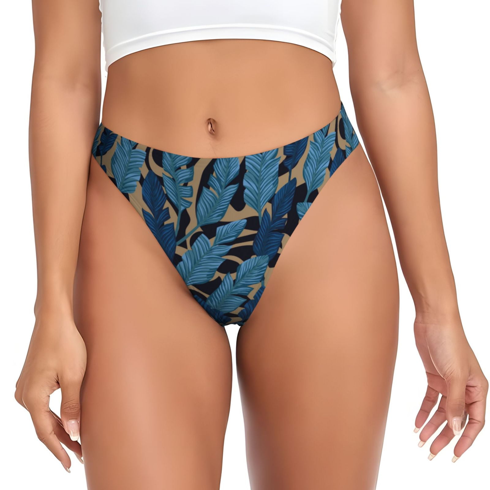 Wukai Blue Leaves A Print G-String Thongs for Women Panties Stretch T-back Tangas Low Rise ...