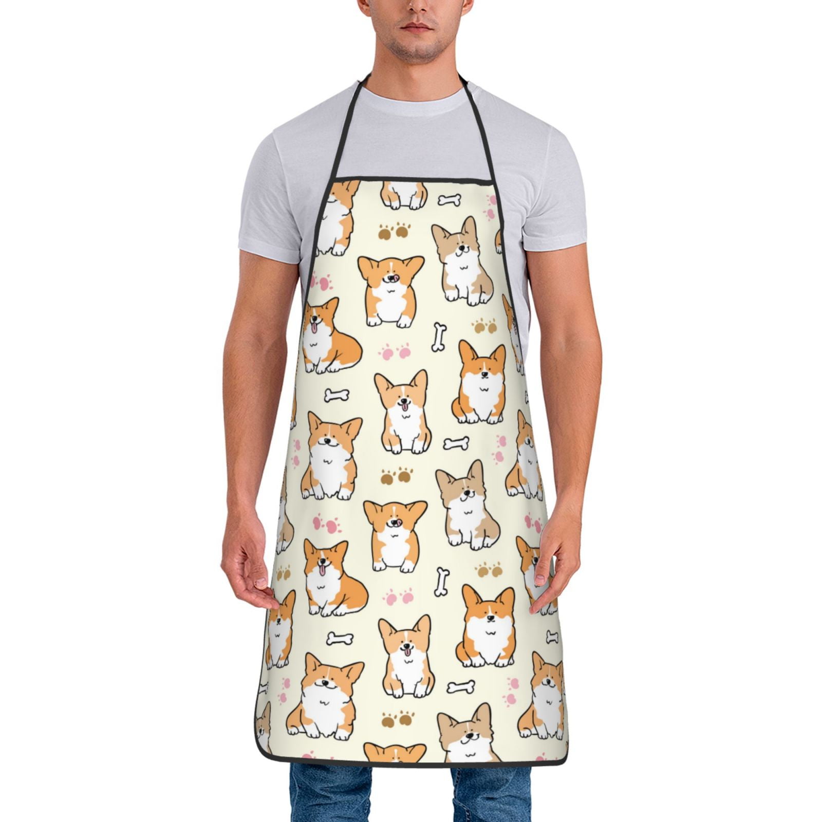 Wukai Cartoon Corgi Print Aprons Adjustable Bib Aprons Cooking Kitchen ...