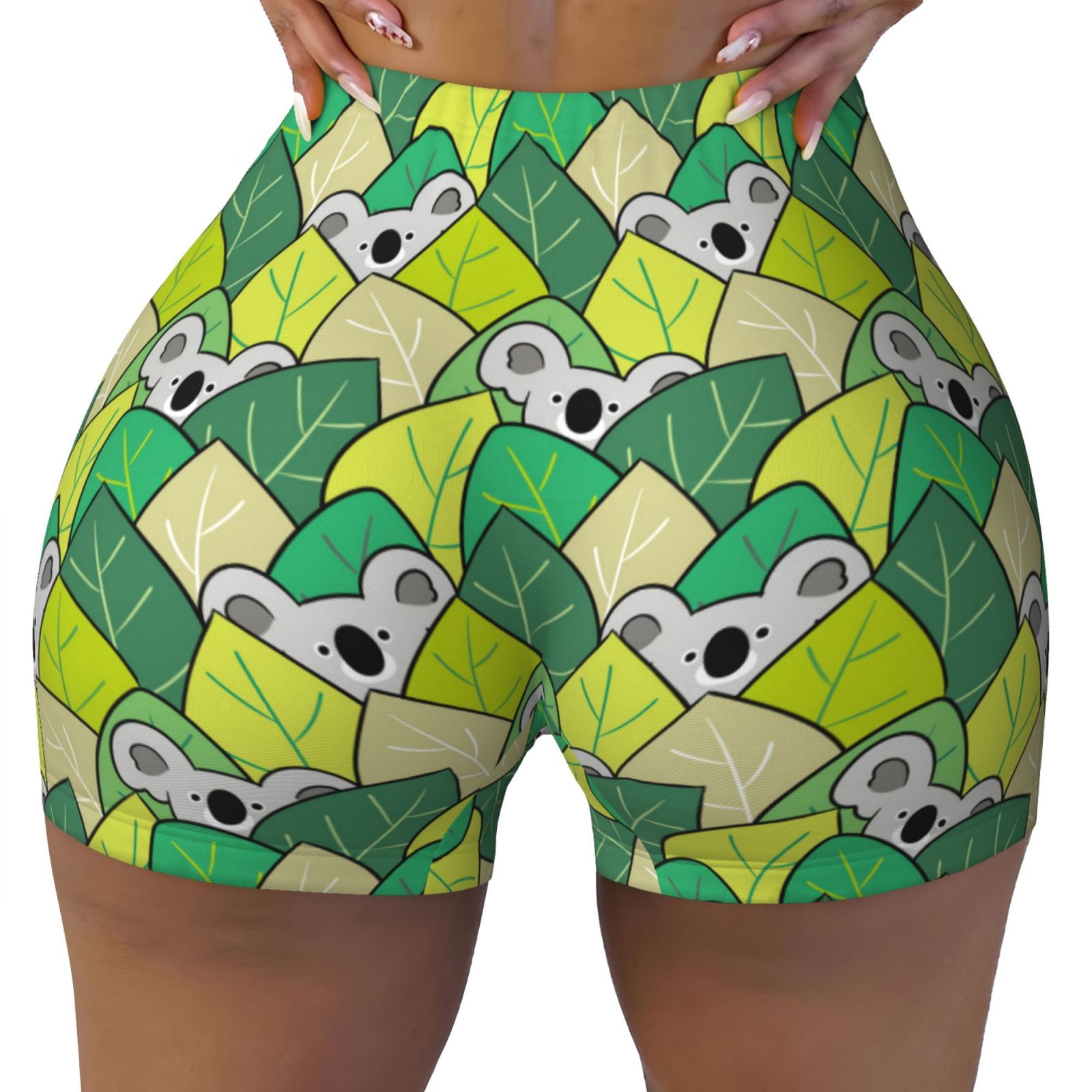 Wukai Cartoon Koala Bear and Leaf Print Pack Biker Shorts for Women ...
