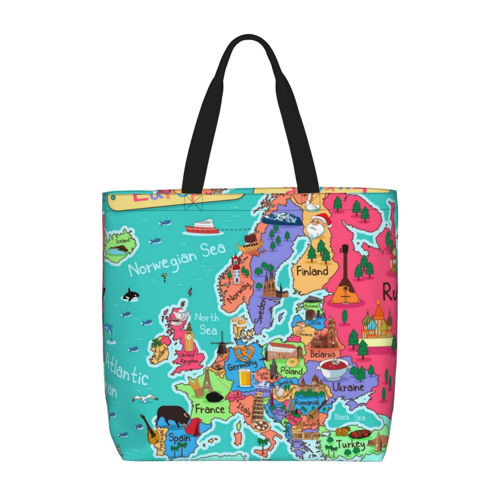 Wukai Cartoon Map Of Europe Print Reusable Grocery Bag Shopping Bags ...