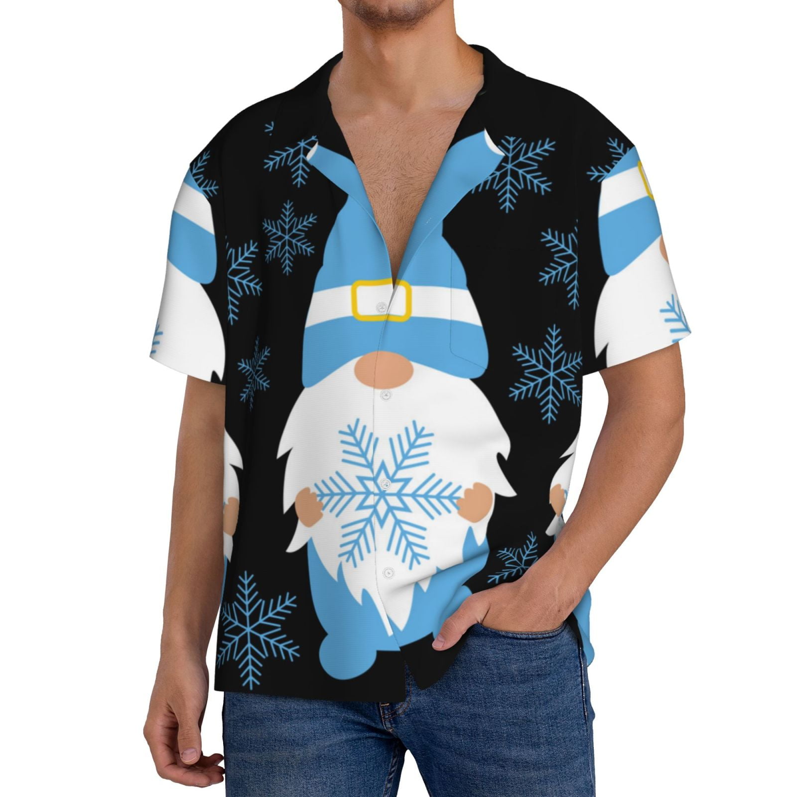 Wukai Christmas Gnome Snowflake Men's Casual Short-Sleeve Button Down ...