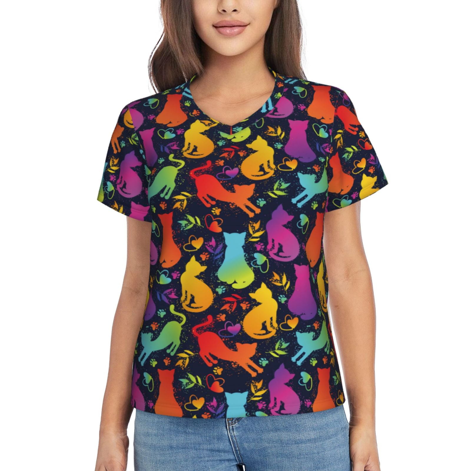 Wukai Colorful Cats Classic V-Neck T-Shirt for Women: Comfortable, Stylish, and Versatile ...