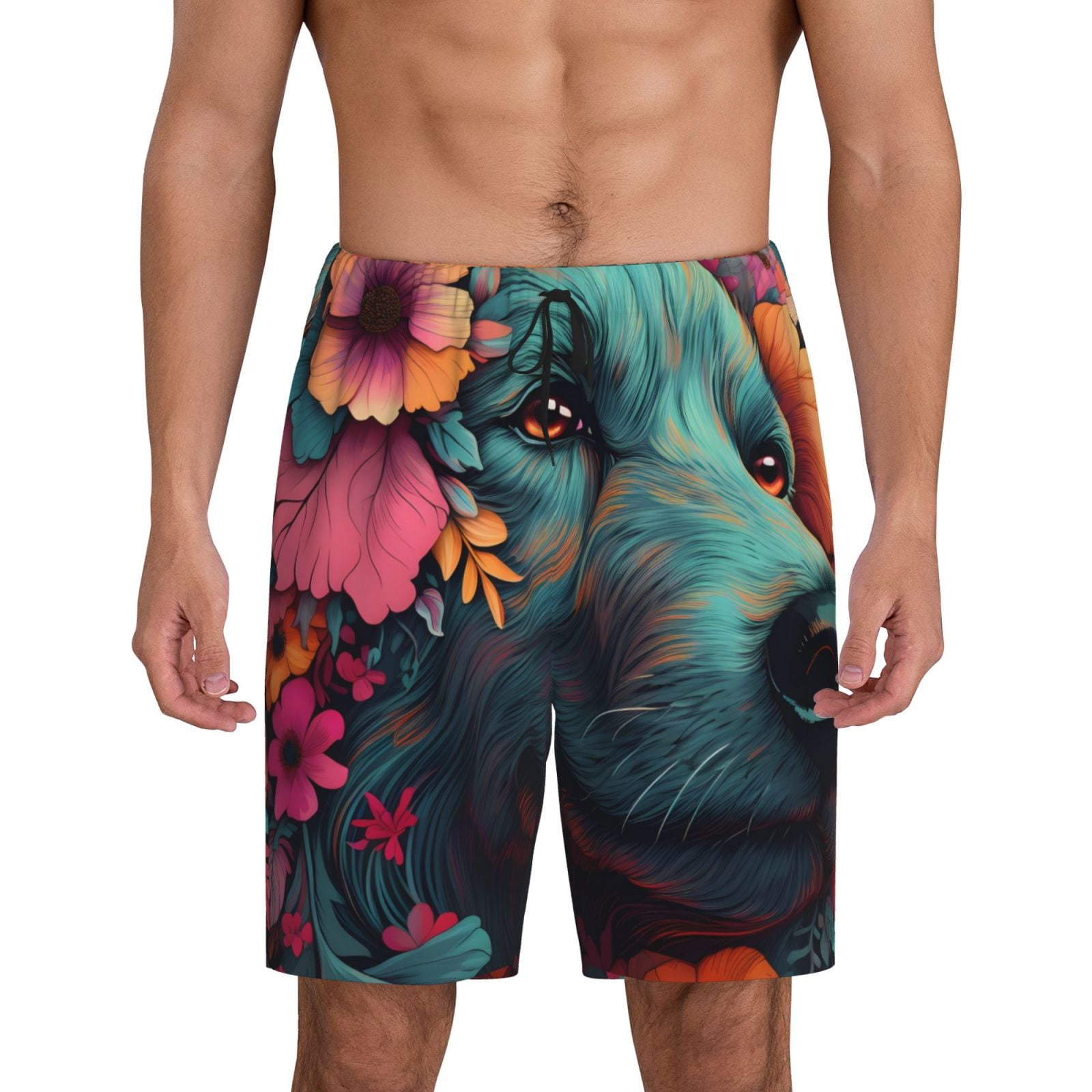 Wukai Colorful Flower Dog A Men’s Short Pajama Pants With Pockets Soft ...