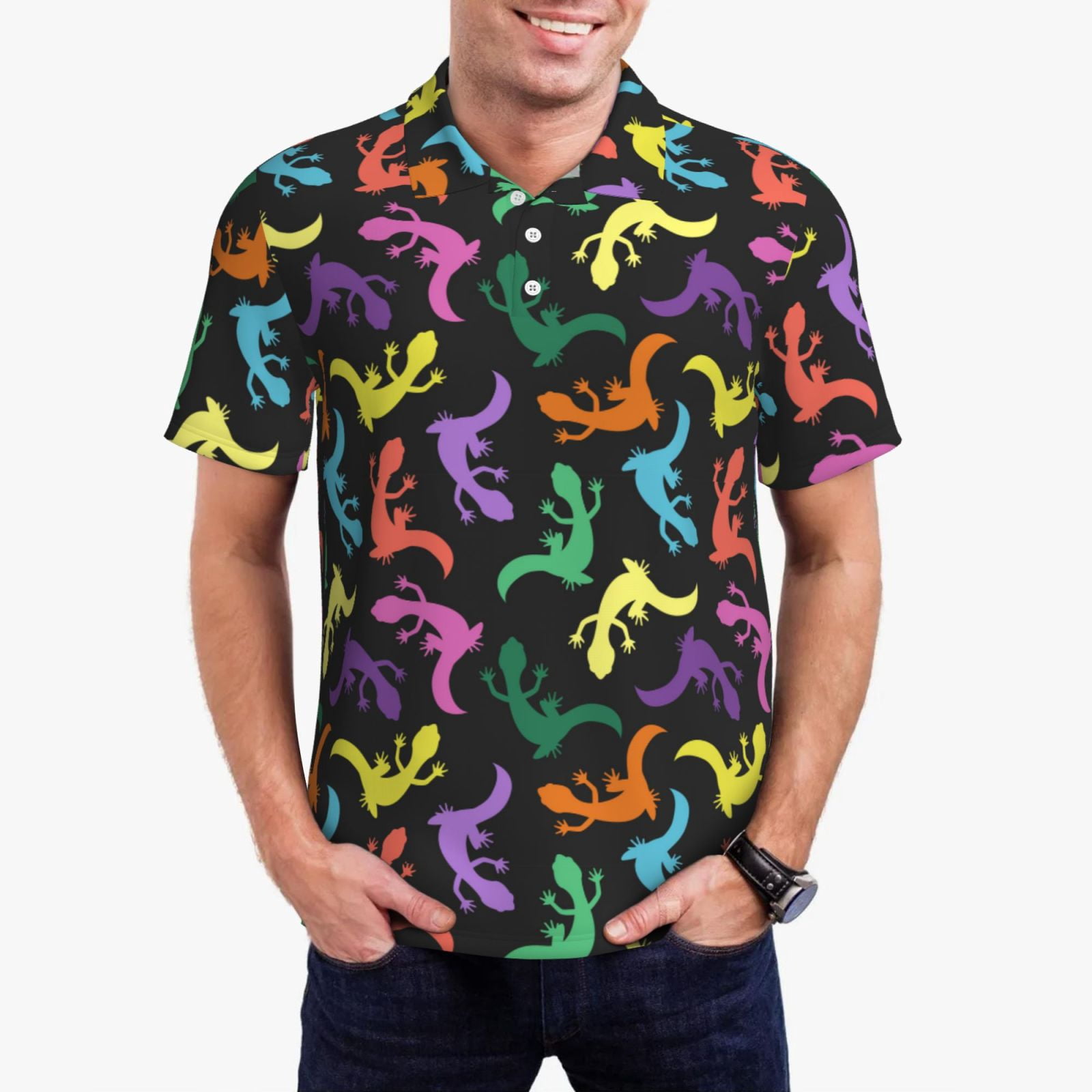 Wukai Colorful Lizards Men’s Polo Shirts Sleeve,Camisas Polo Para ...