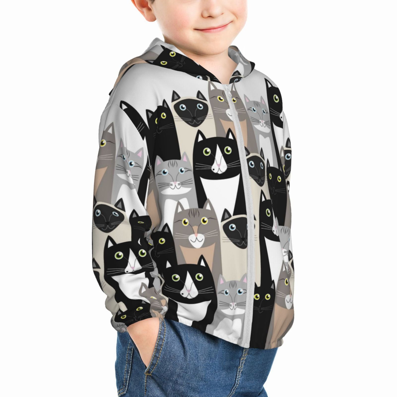 Wukai Colors Cats Print Kids Sun Protection Hoodie Zip-Up Jackets Long ...