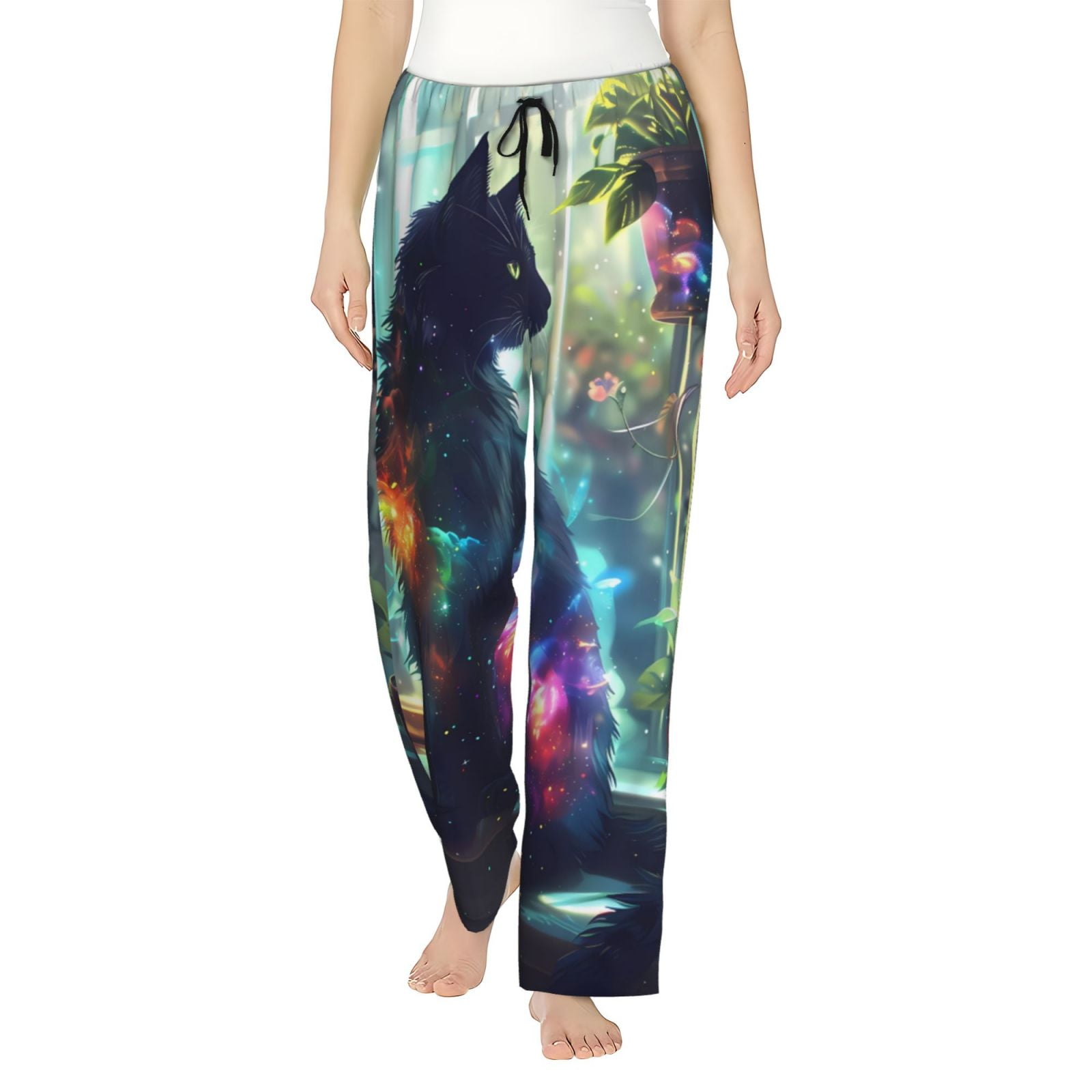 Wukai Cosmic Cat In Window Women Pajama Pants Comfy Stretch Drawstring ...