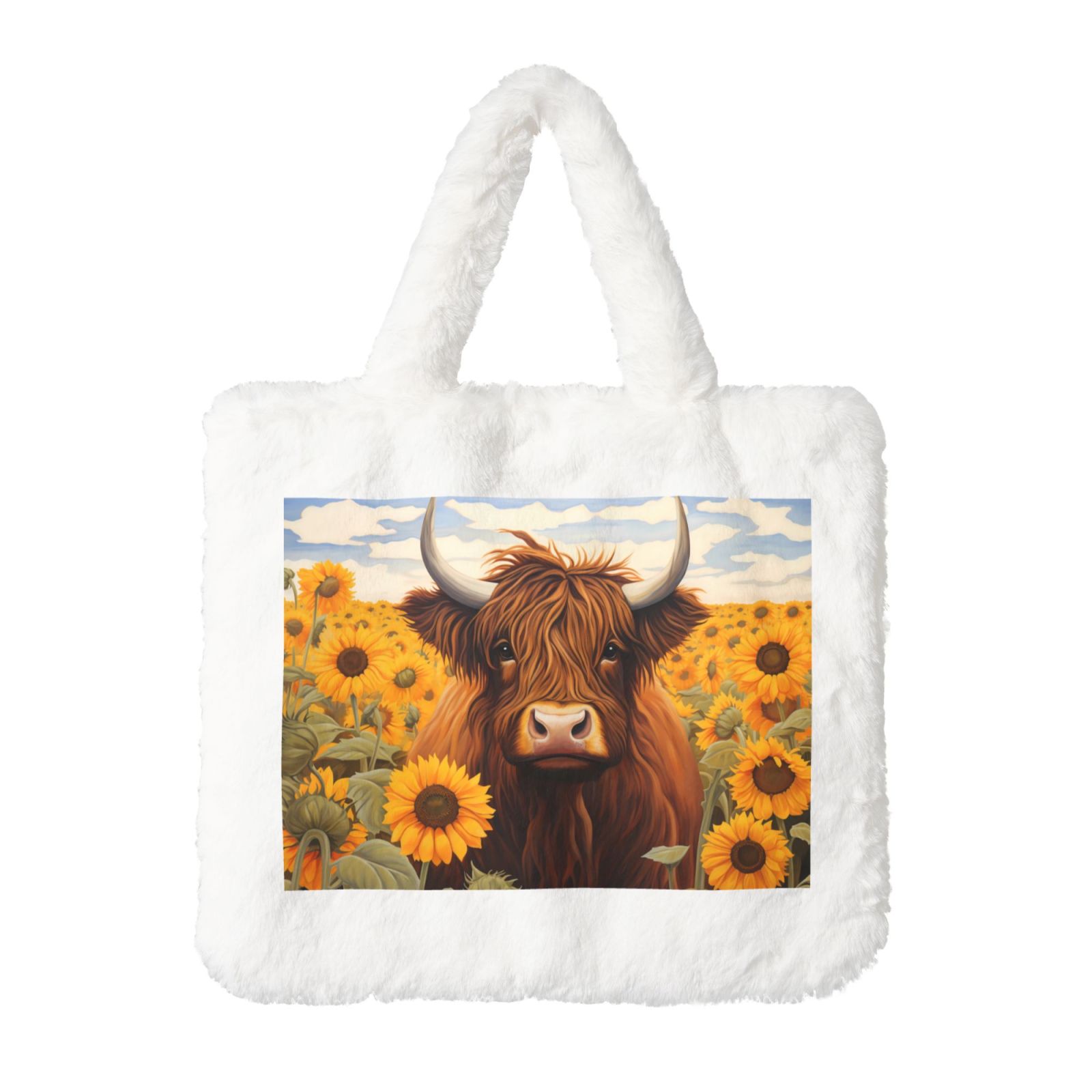 Wukai Countryside Sunflower Cow Print Plush Underarm Bag, Ladies Fluffy ...