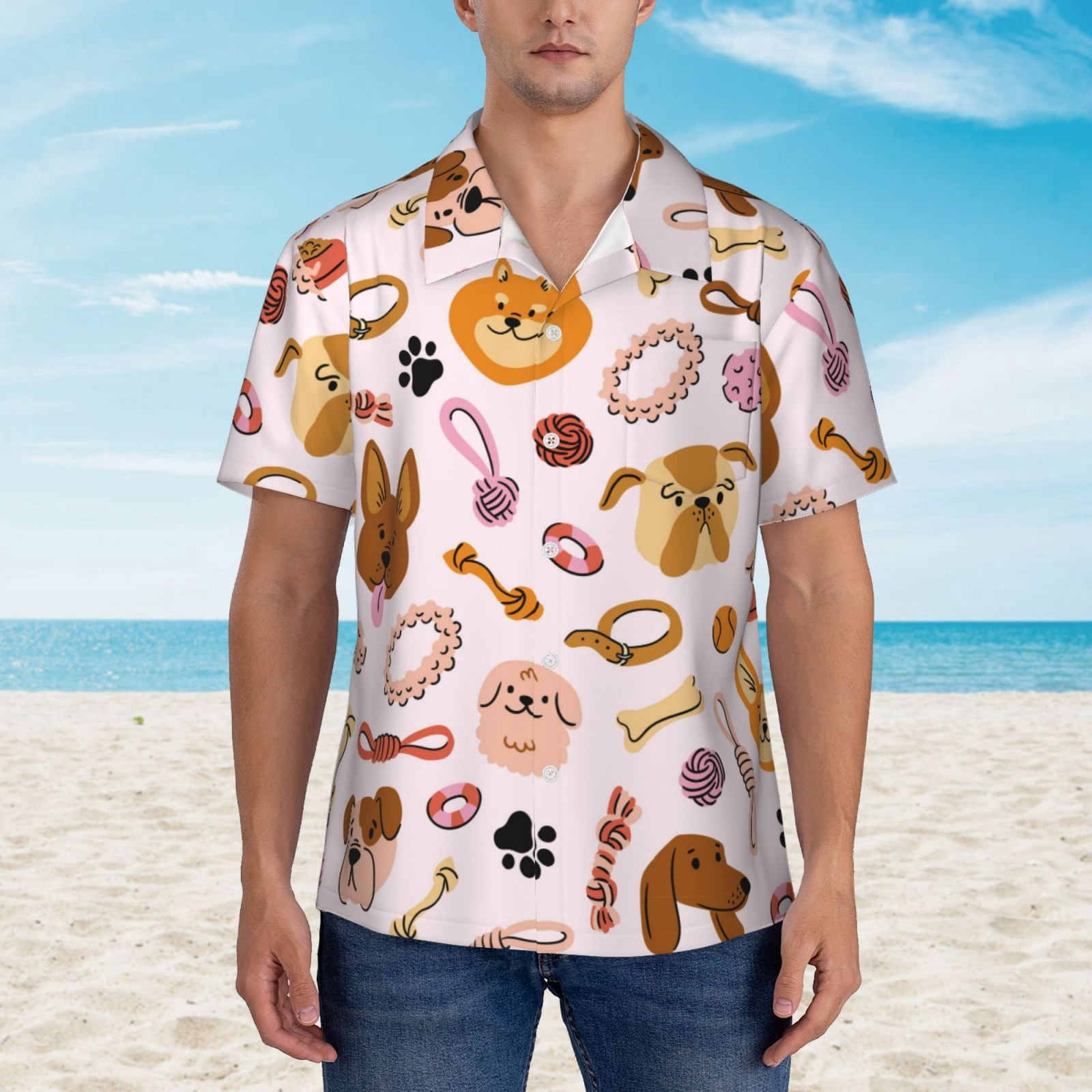 Wukai Cute Dog Men's Hawaiian Shirt Short Sleeve Casual Button Down ...
