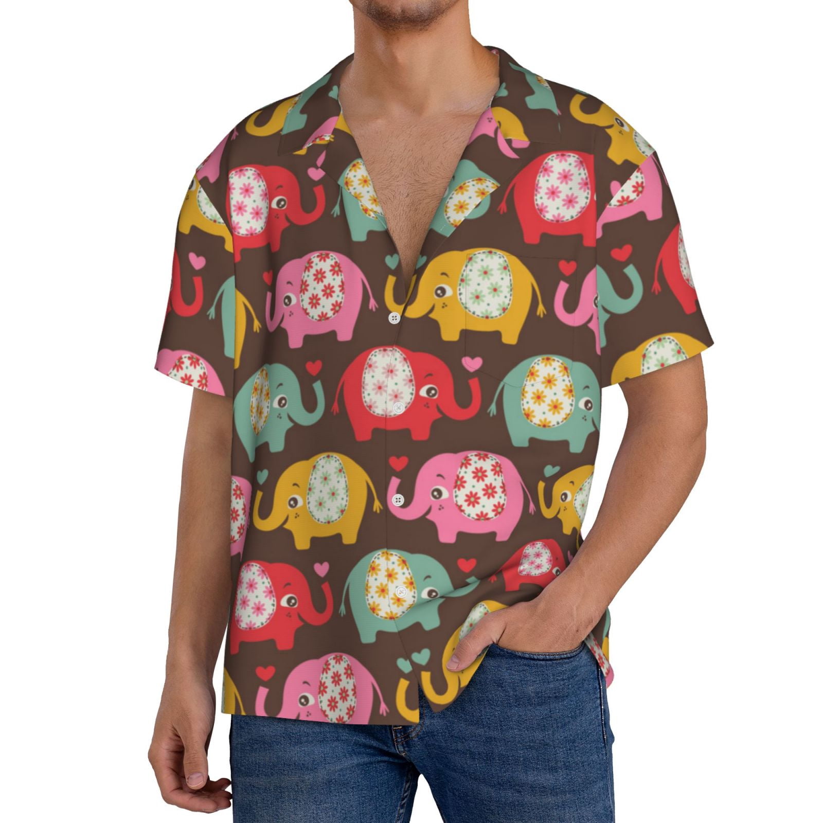 Wukai Cute Elephants Men's Casual Short-Sleeve Button Down Shirt,Cuban ...