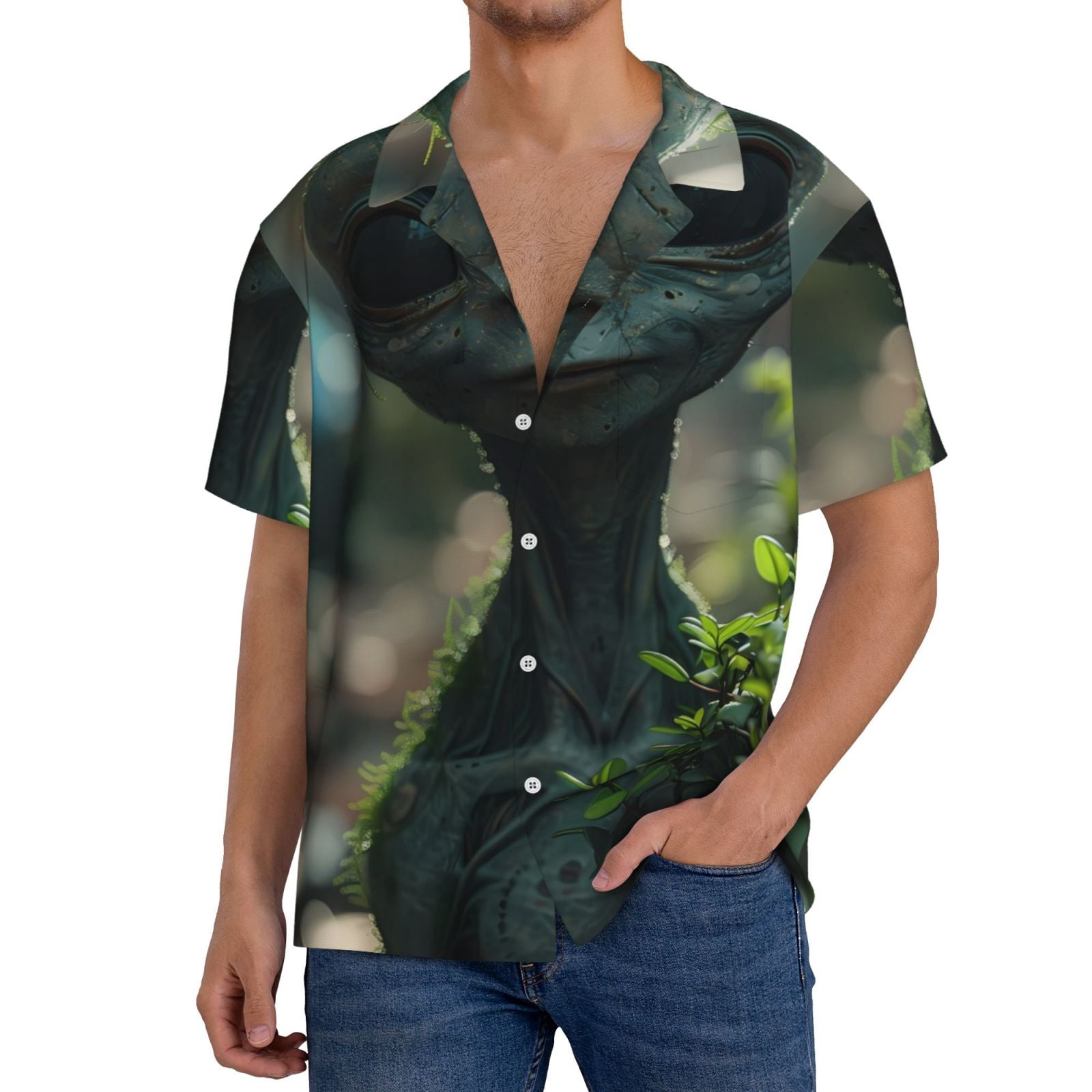 Wukai Cute Saucerman With Big Eyes Men's Casual Short-Sleeve Button ...