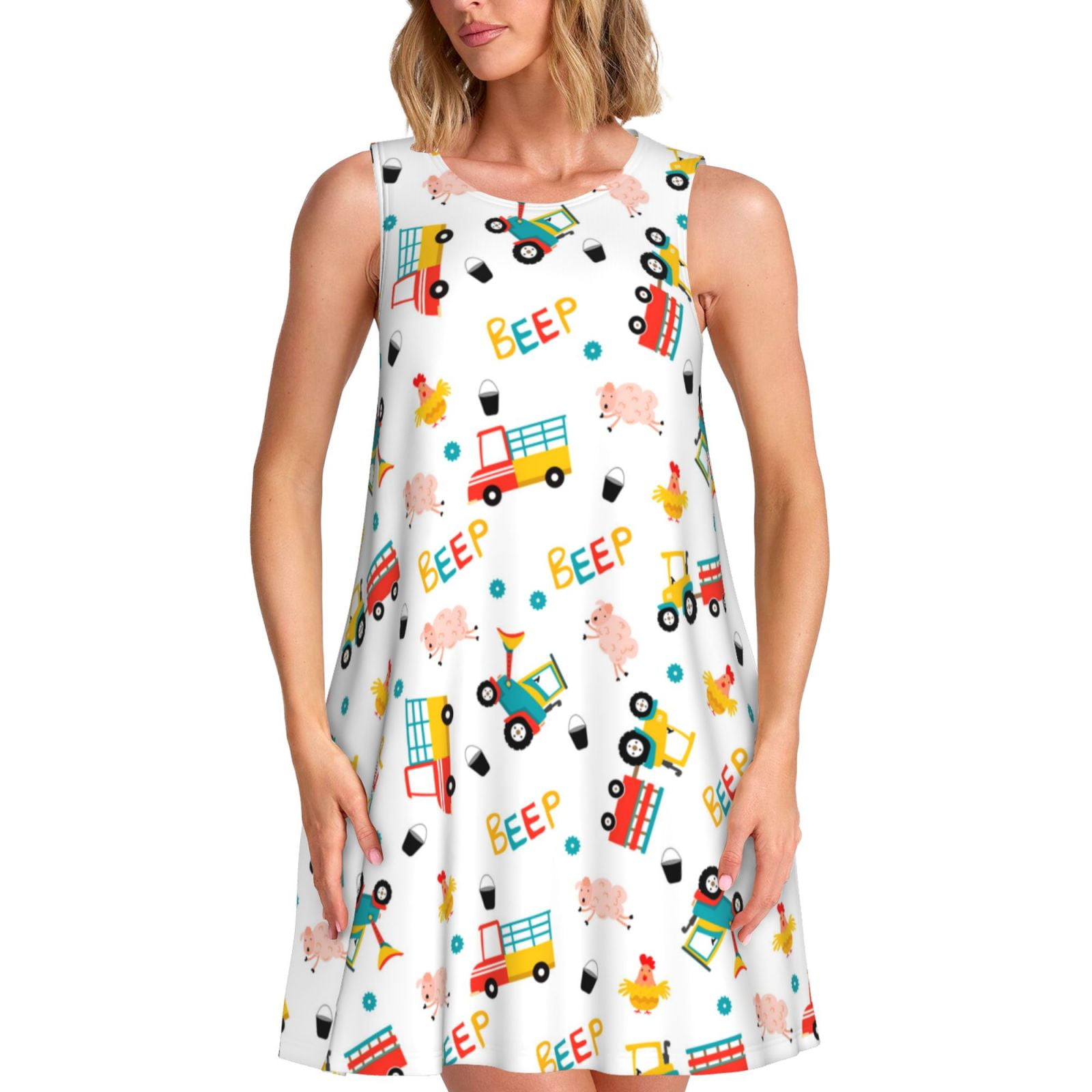 Wukai Cute tractor and vehicle Print Women's Sleeveless Dress, Loose ...