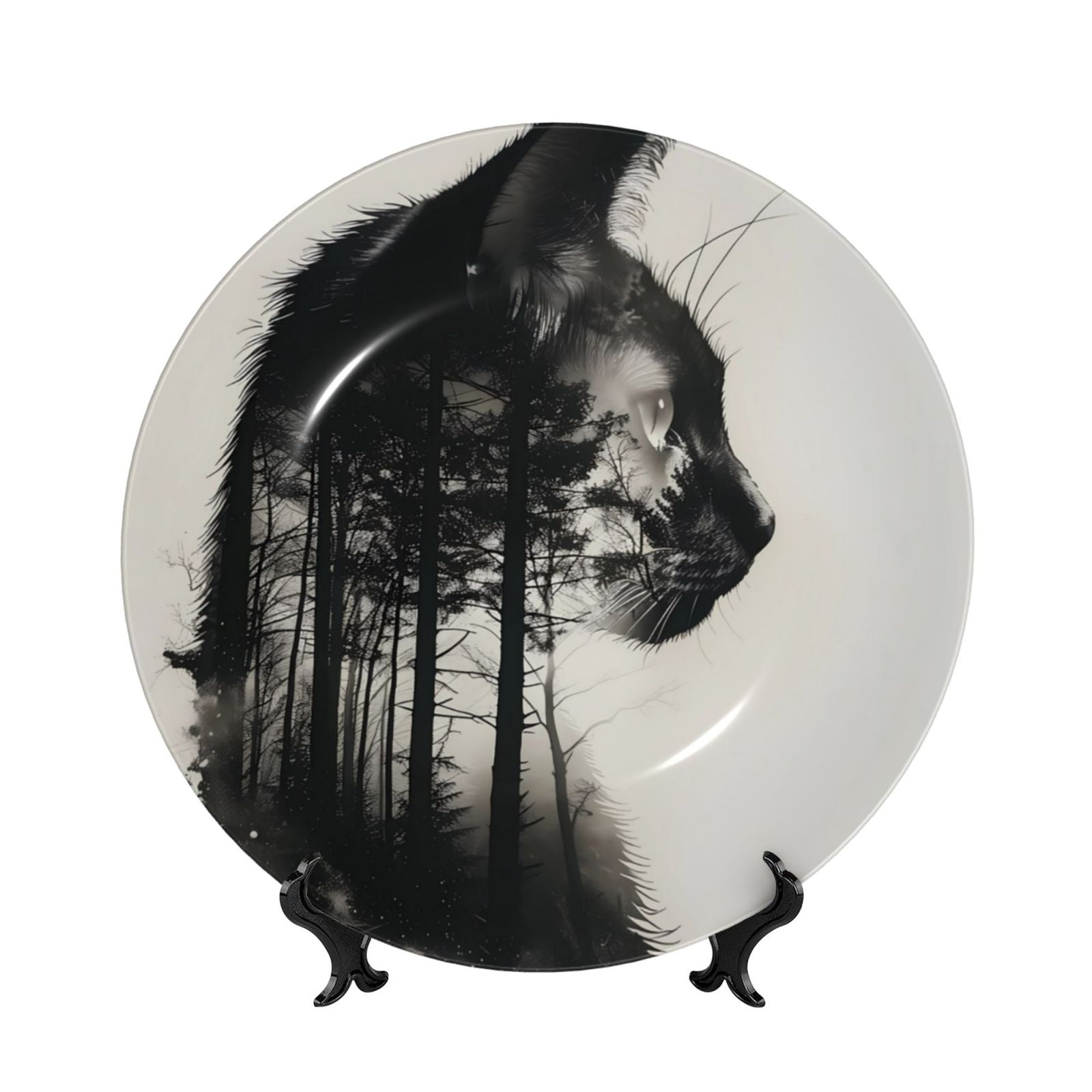 Wukai Double Exposure Cat Forest Print Decorative Plate for Display ...