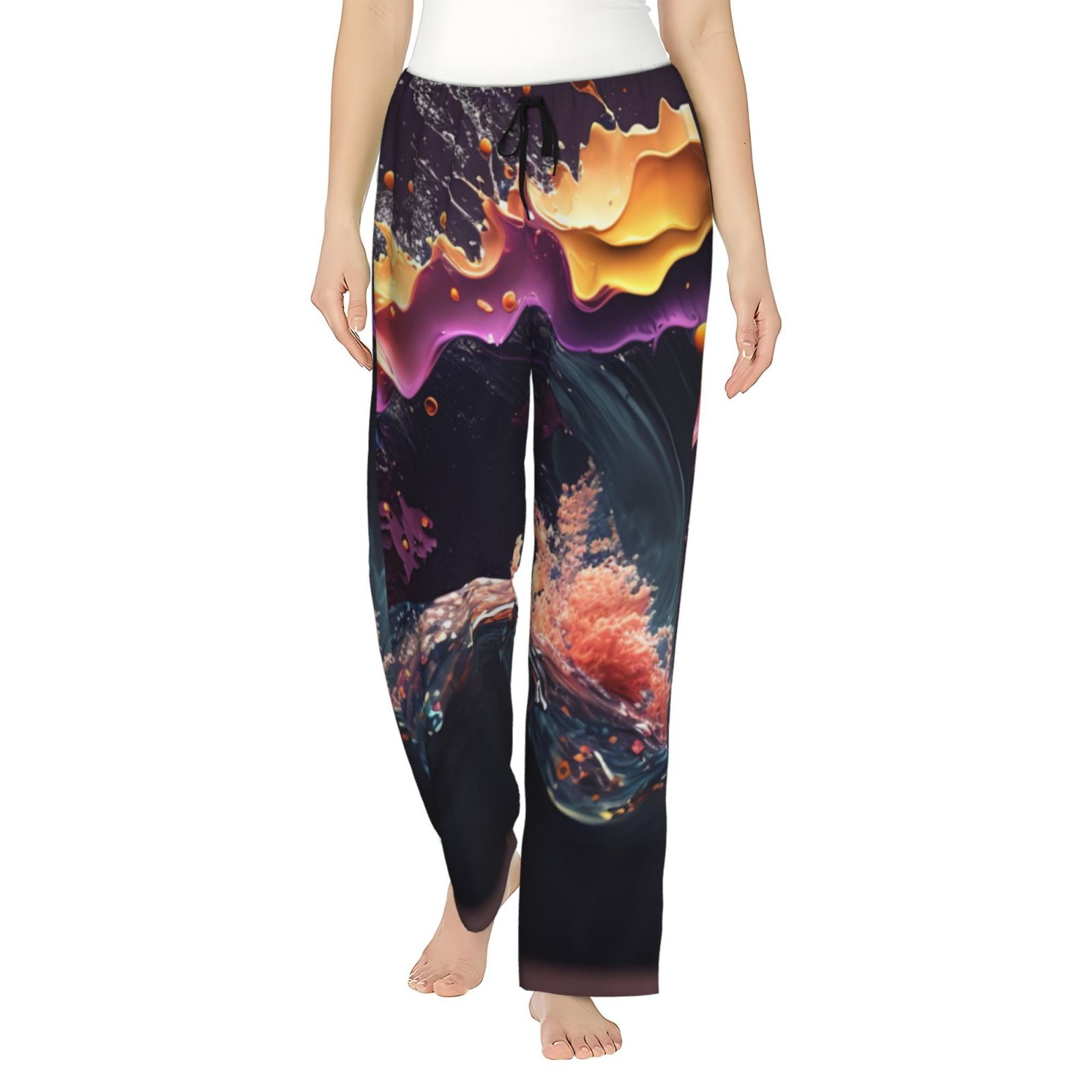 Wukai Explosive Fluid Splash Art Women Pajama Pants Comfy Stretch Drawstring Palazzo Wide Leg ...