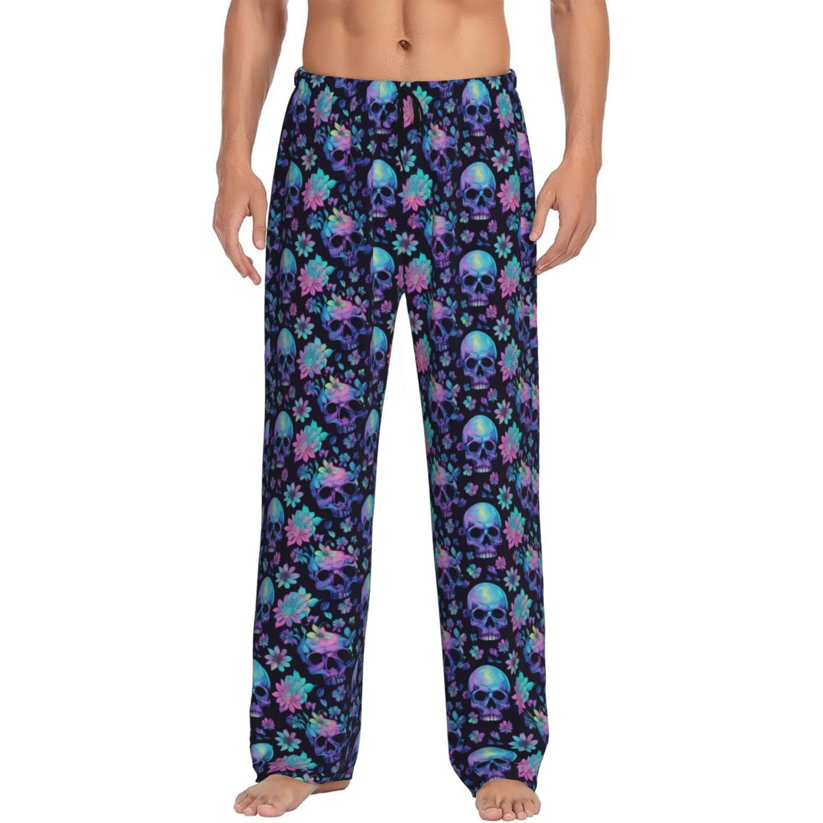 Wukai Flower Blue Skull Mens PJ Pajama Pants|Sleepwear Plaid PJs with ...